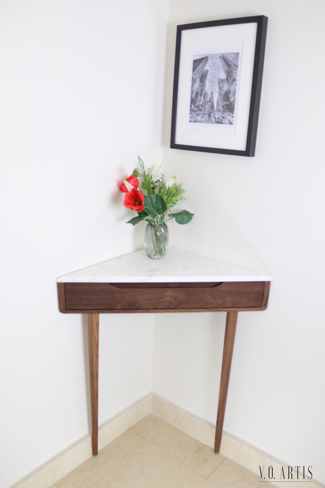 Corner Console Table in Walnut or Oak With Marble Top. - Etsy
