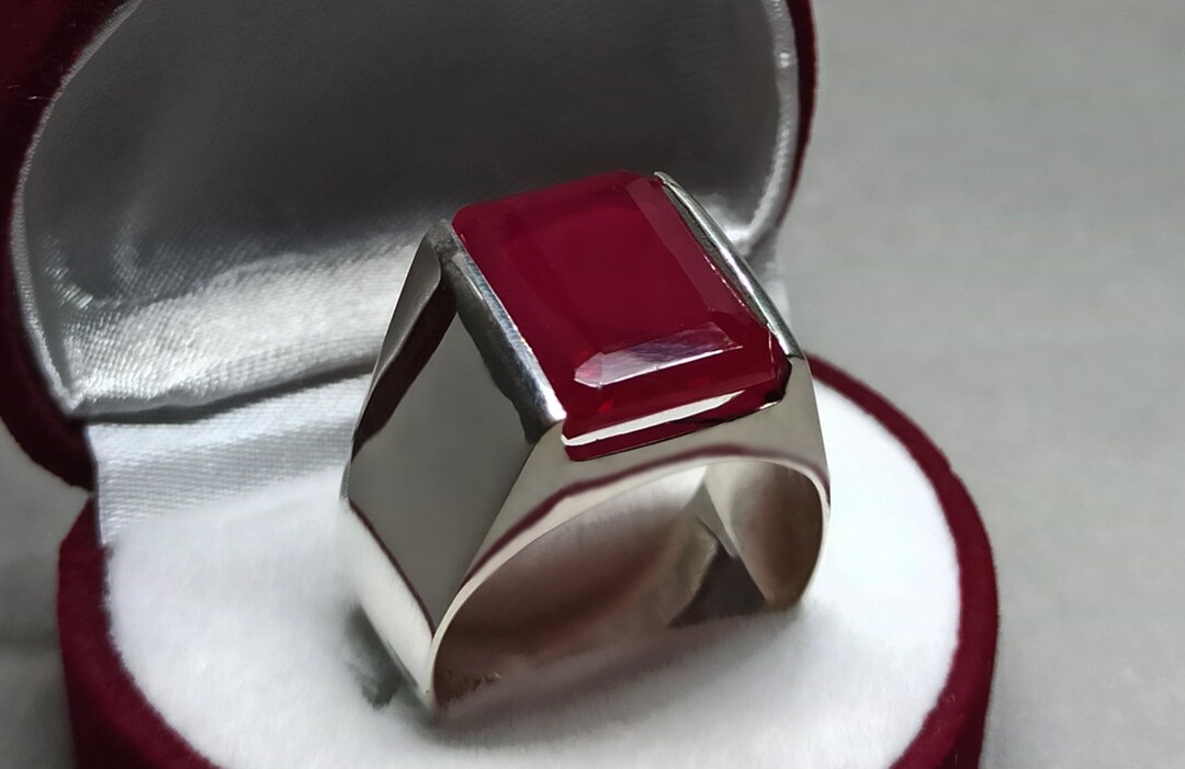 Emerald Cut Deep Red Ruby Mens Ring Sterling Silver 925 Roby Mens Ring ...