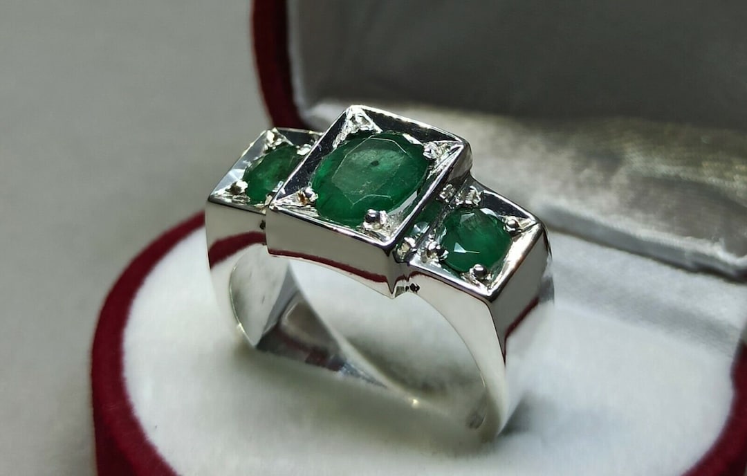 Natural Rich Green Swat 3 Emerald Men Ring Sterling Silver 925 Handmade ...