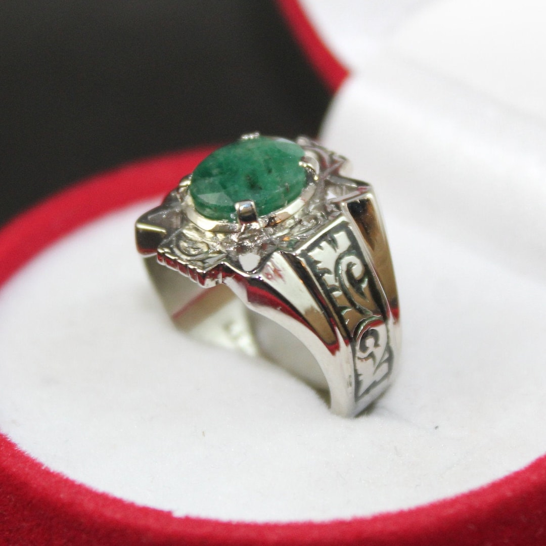Oval Cut Natural Zambian Rich Green Emerald Men and Women Ring Sterling ...