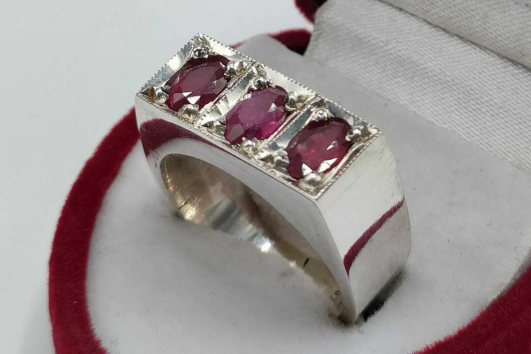 Natural Deep Red Triple Ruby Mens Ring Sterling Silver 925 Ring Ruby ...
