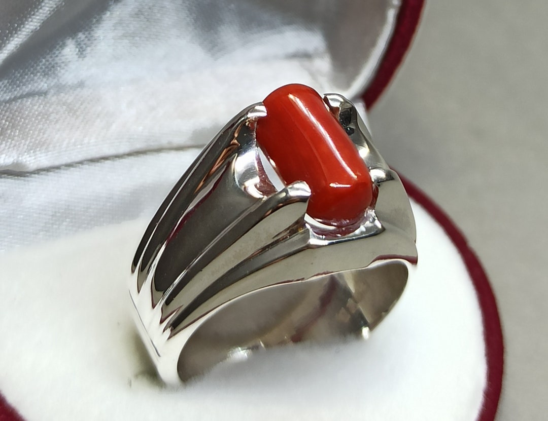Natural Rare Coral Mens Ring Sterling Silver 925 Ring Real Marjan Ring ...