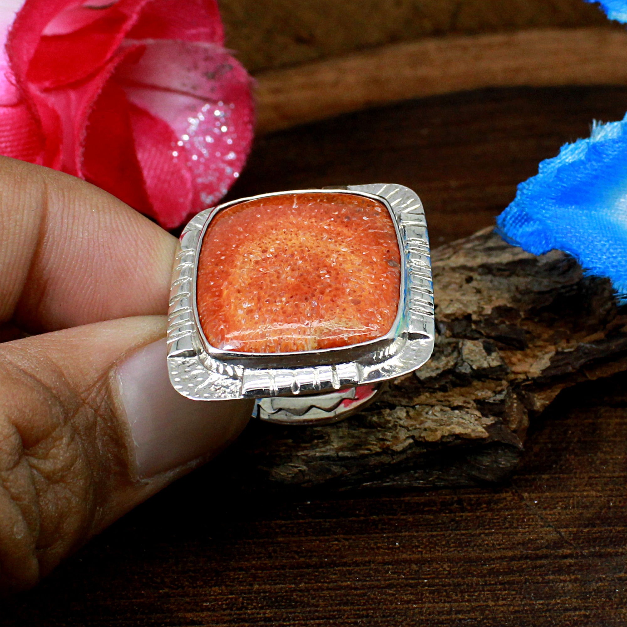 Natural Sponge Coral Ring-Square Coral Stone-925 Sterling | Etsy