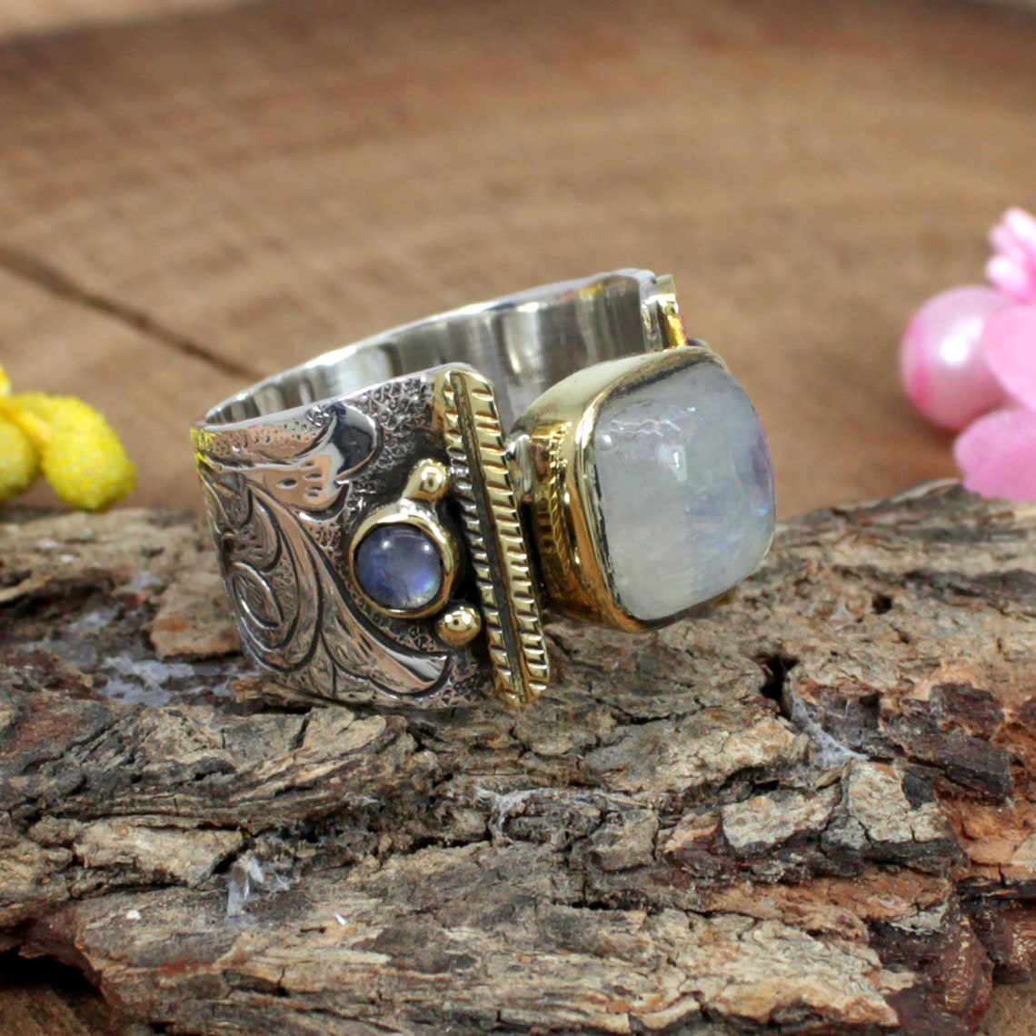 Moonstone Ring Handmade Designer Silver Ring Two Tone Ring | Etsy