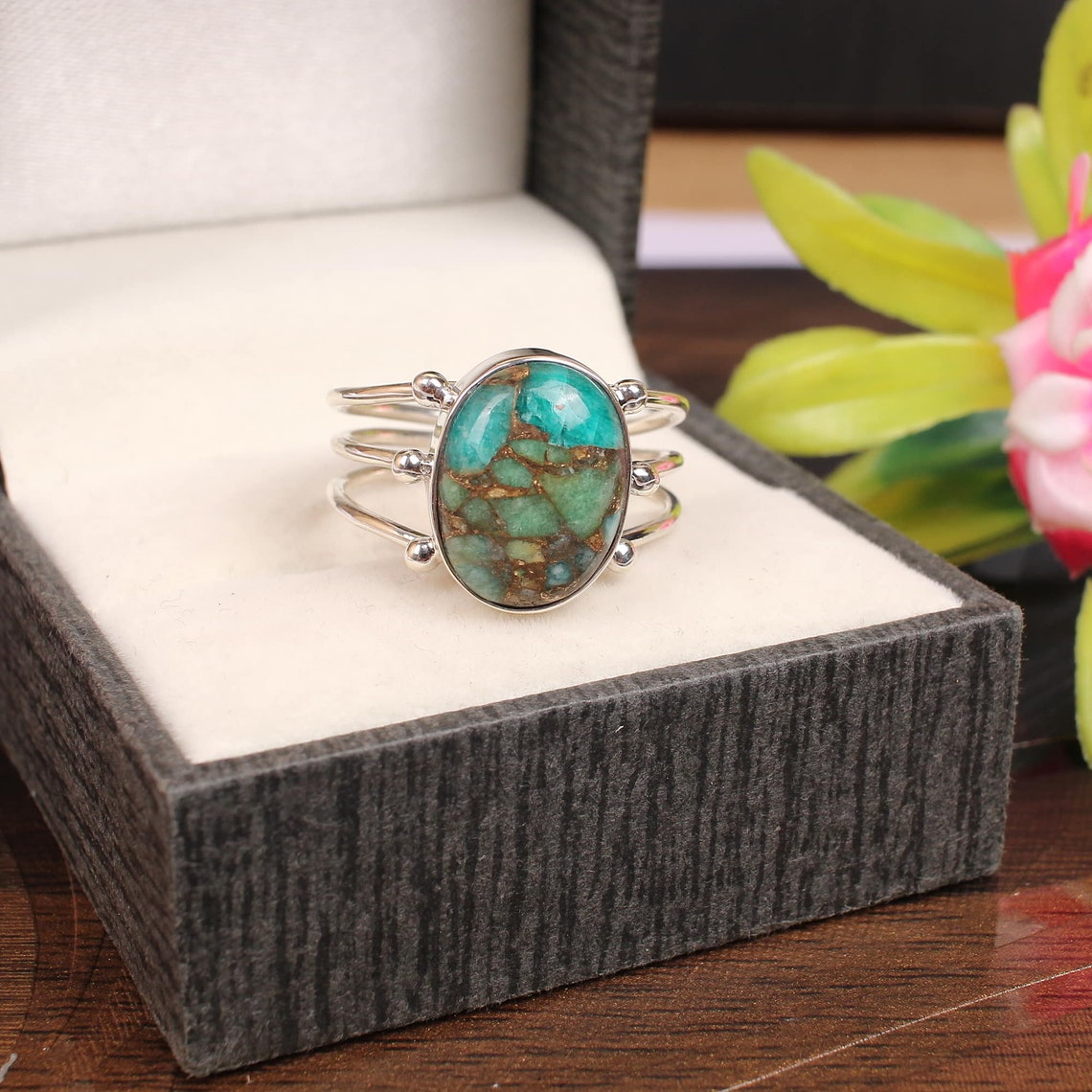 Oval Mohave Copper Amazonite Ring Triple Band Ring 925 - Etsy