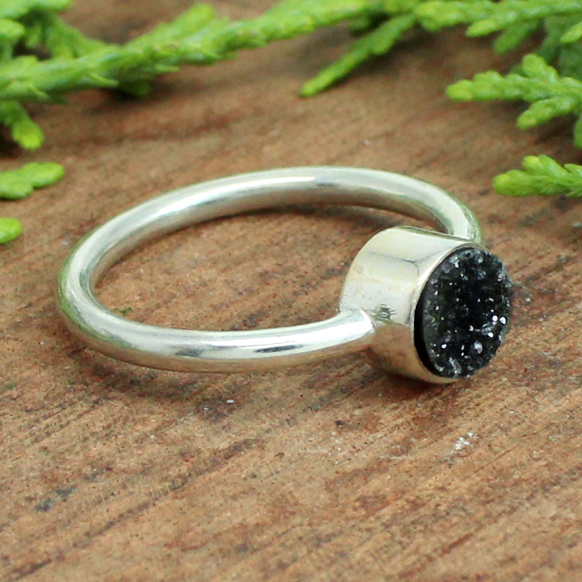 Round Black Druzy Ring Handmade 925 Sterling Silver Ring | Etsy