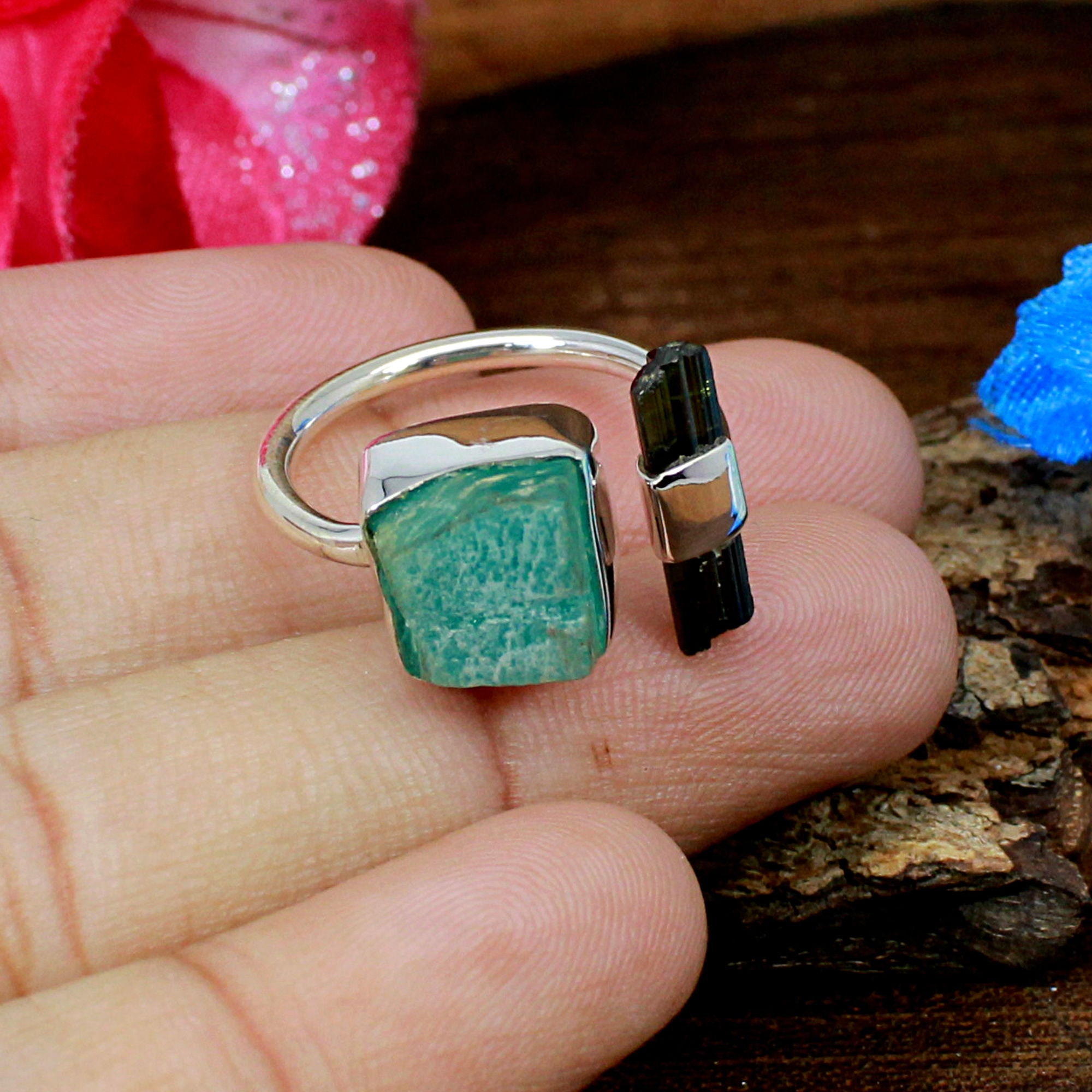 Amazonite Ring-green Tourmaline Ring-natural Amazonite-gemstone Ring ...