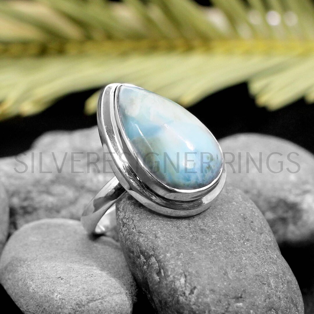 925 Solid Sterling Silver Ring- Natural Larimar Ring- Gemstone Ring ...