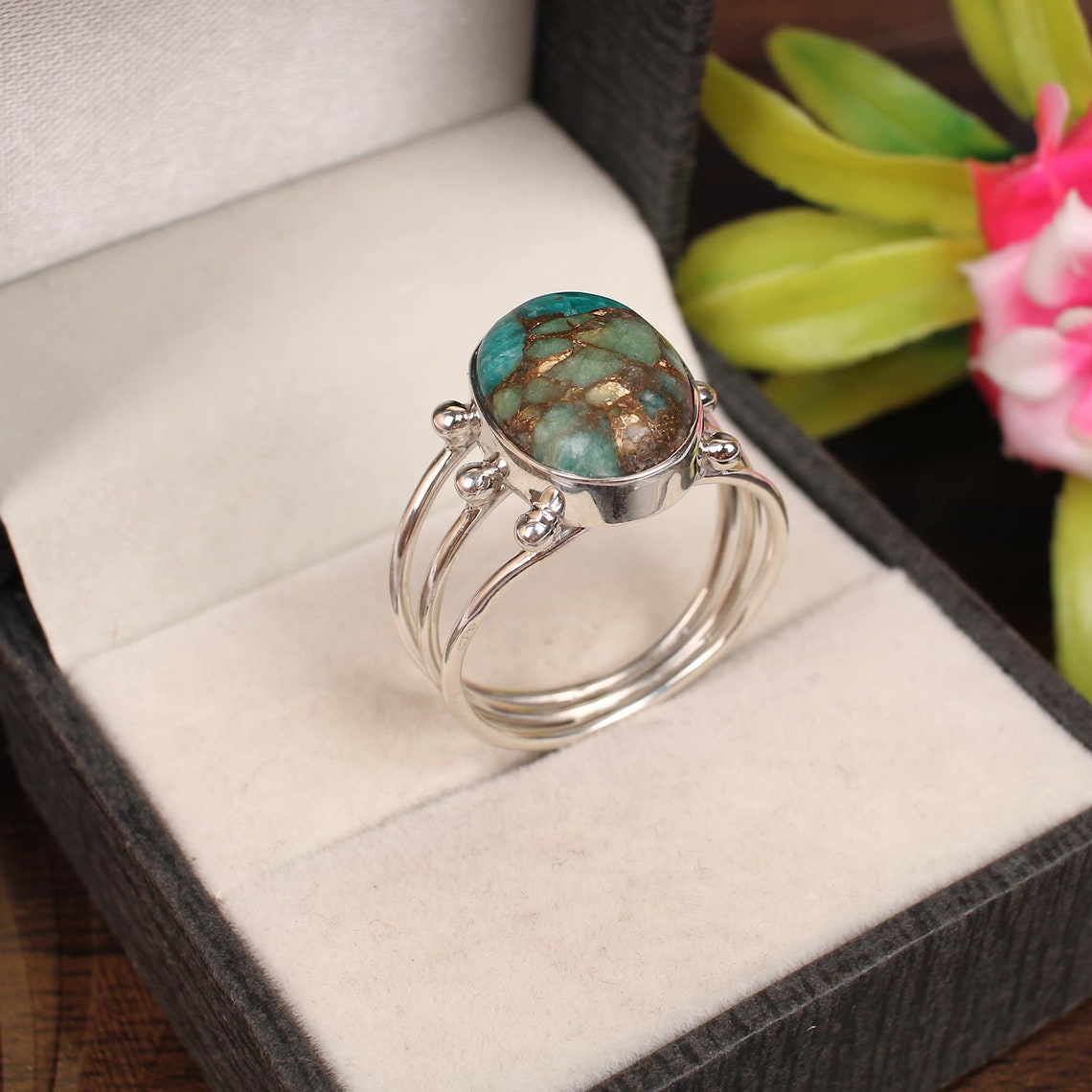 Oval Mohave Copper Amazonite Ring Triple Band Ring 925 - Etsy