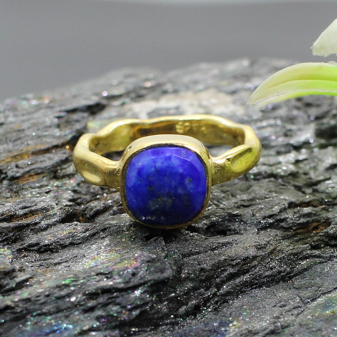 Handgemachter Lapis Lazuli Ring: Vergoldetes Sterling Silber Zick Zack ...