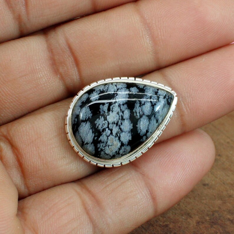 Natural Snowflake Obsidian Gemstone Pear Ringobsidian Silver | Etsy