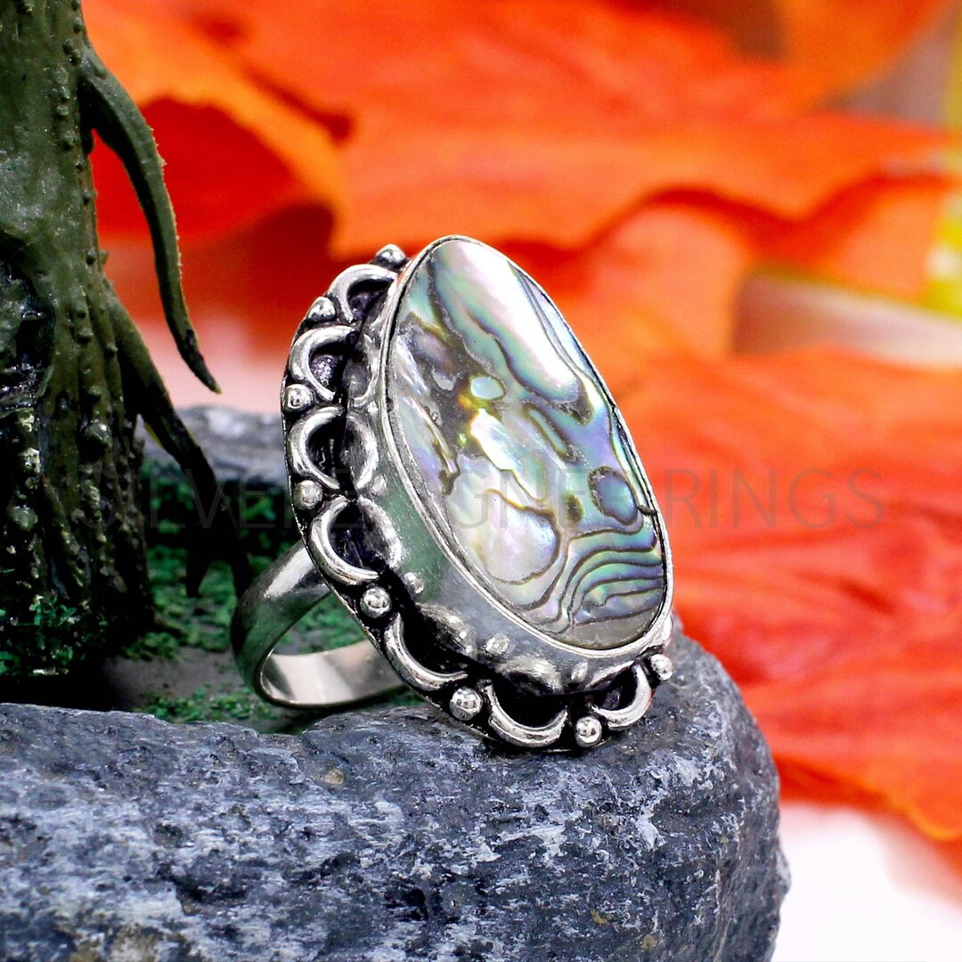 Silver Abalone Shell Ring - Abalone Shell 26x15 MM Fancy Gemstone ...