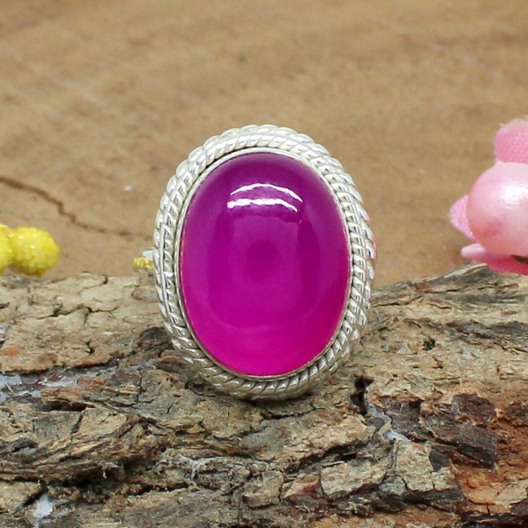 Handmade Sterling Silver Fuchsia Chalcedony Ring: Oval Gemstone Jewelry ...