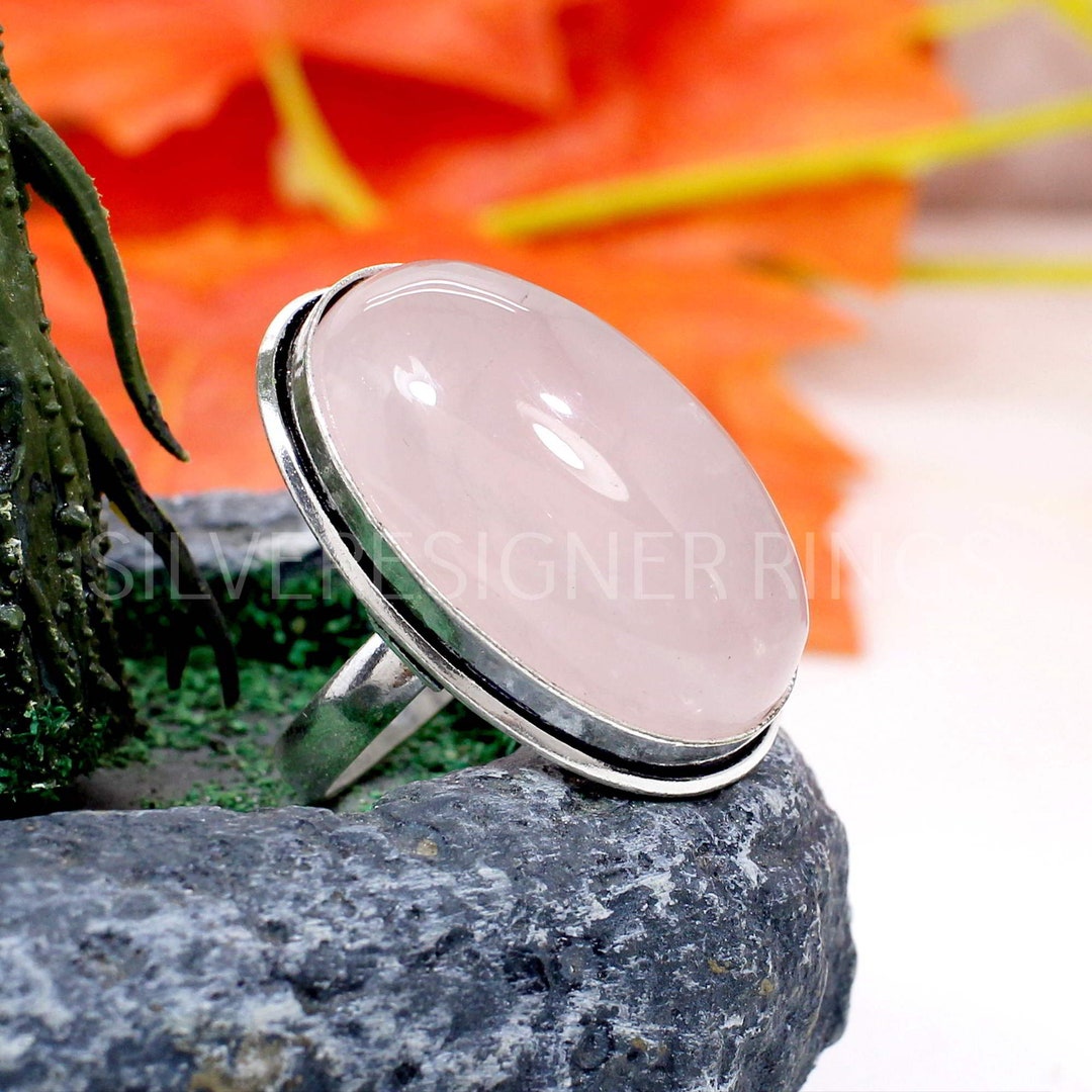 Oxidized Sterling Silver Ring: Large Oval Rose Quartz Gemstone (30x19mm ...