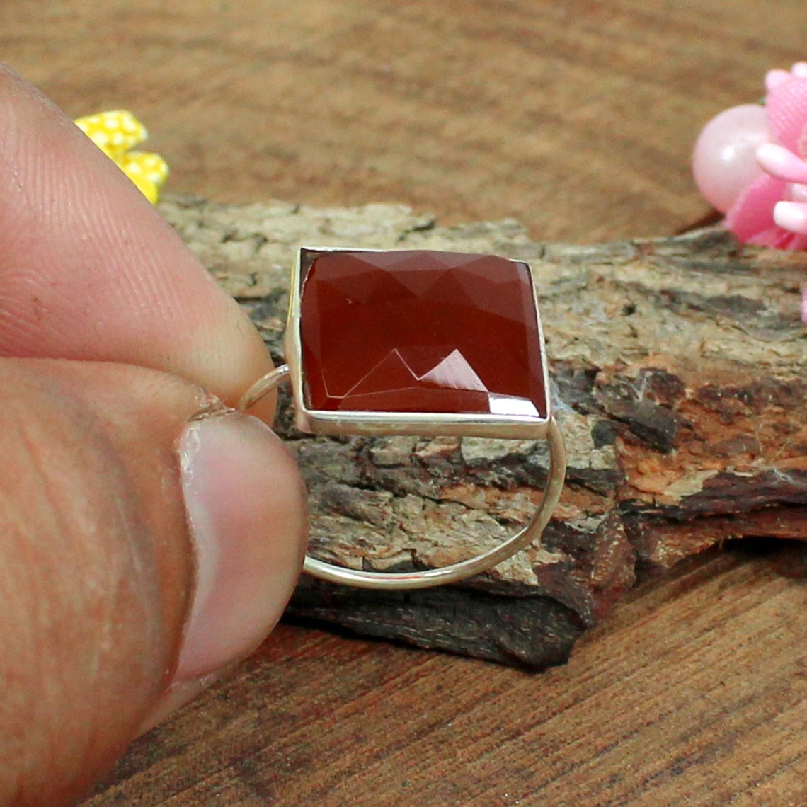 Red Onyx Ring, Square Ring, Handmade Solid Silver Ring, Red Ring, Red ...