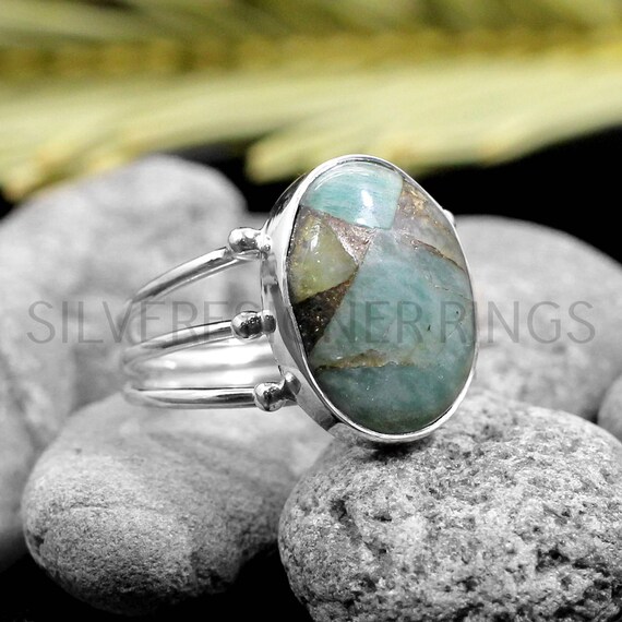 Oval Mohave Copper Amazonite Ring Triple Band Ring 925 | Etsy