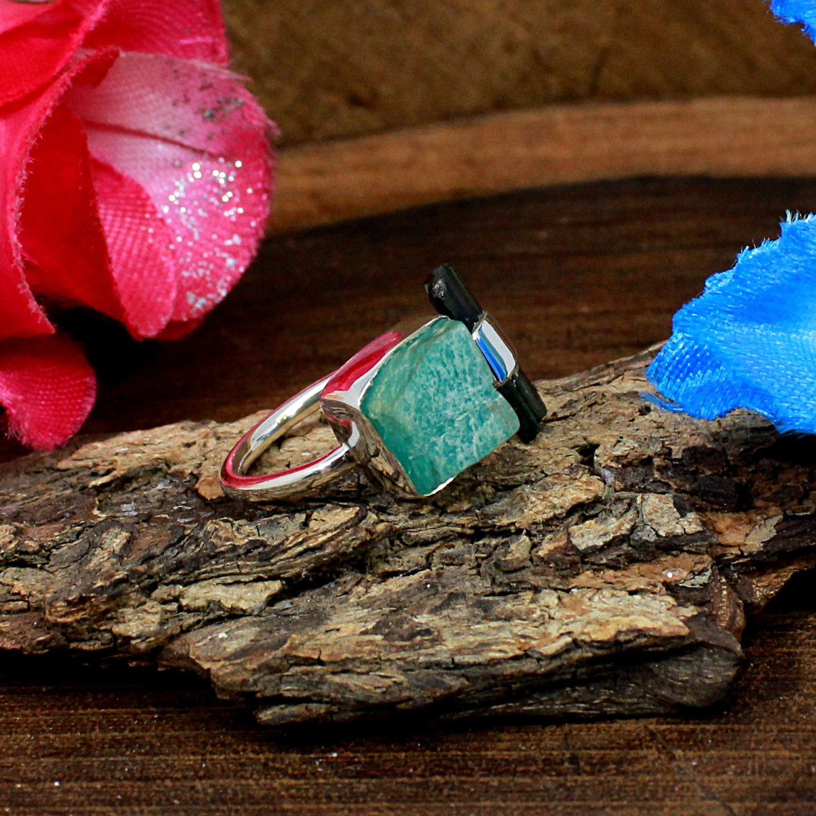 Amazonite Ring-green Tourmaline Ring-natural Amazonite-gemstone Ring ...