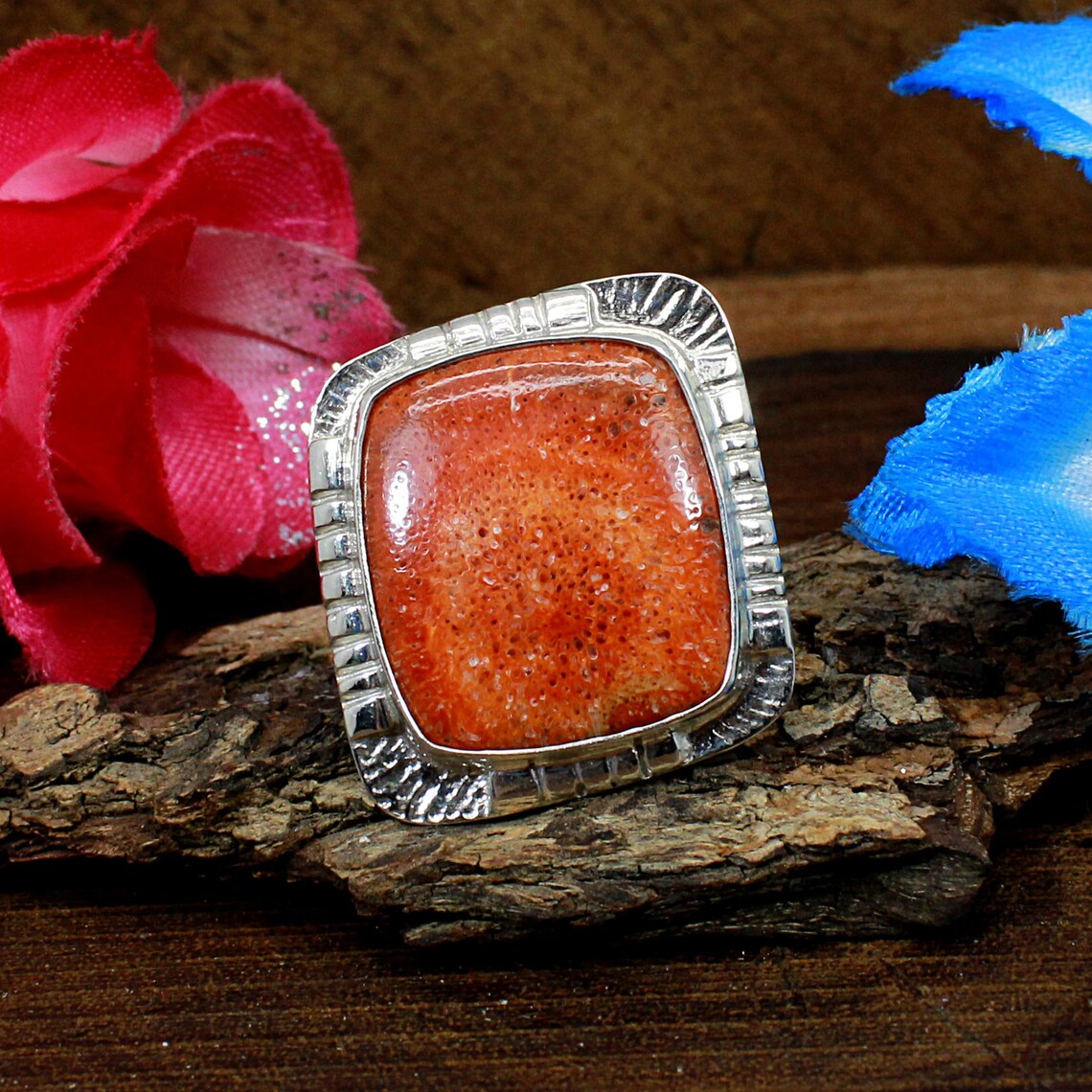 Natural Sponge Coral Ring-Square Coral Stone-925 Sterling | Etsy