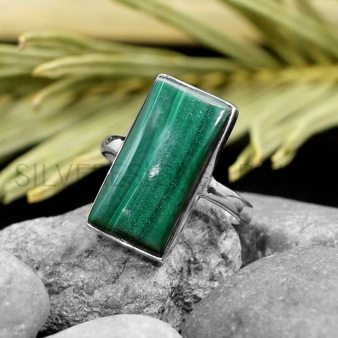 Buy Rectangle Malachite Ring - Sterling Silver Ring - Handmade Gemstone ...