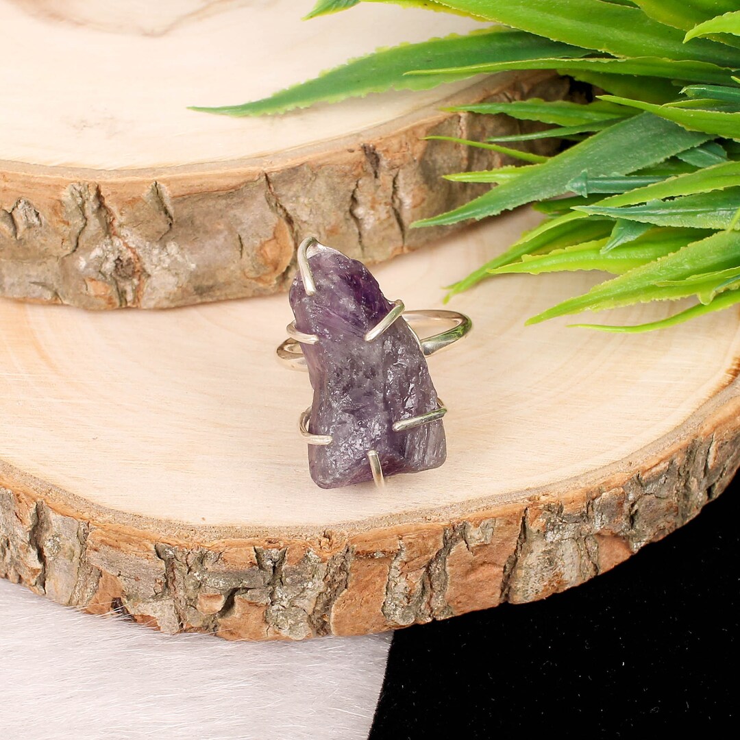 Natural Raw Amethyst Ring Raw Stone Ring Prong Silver Ring Gemstone ...