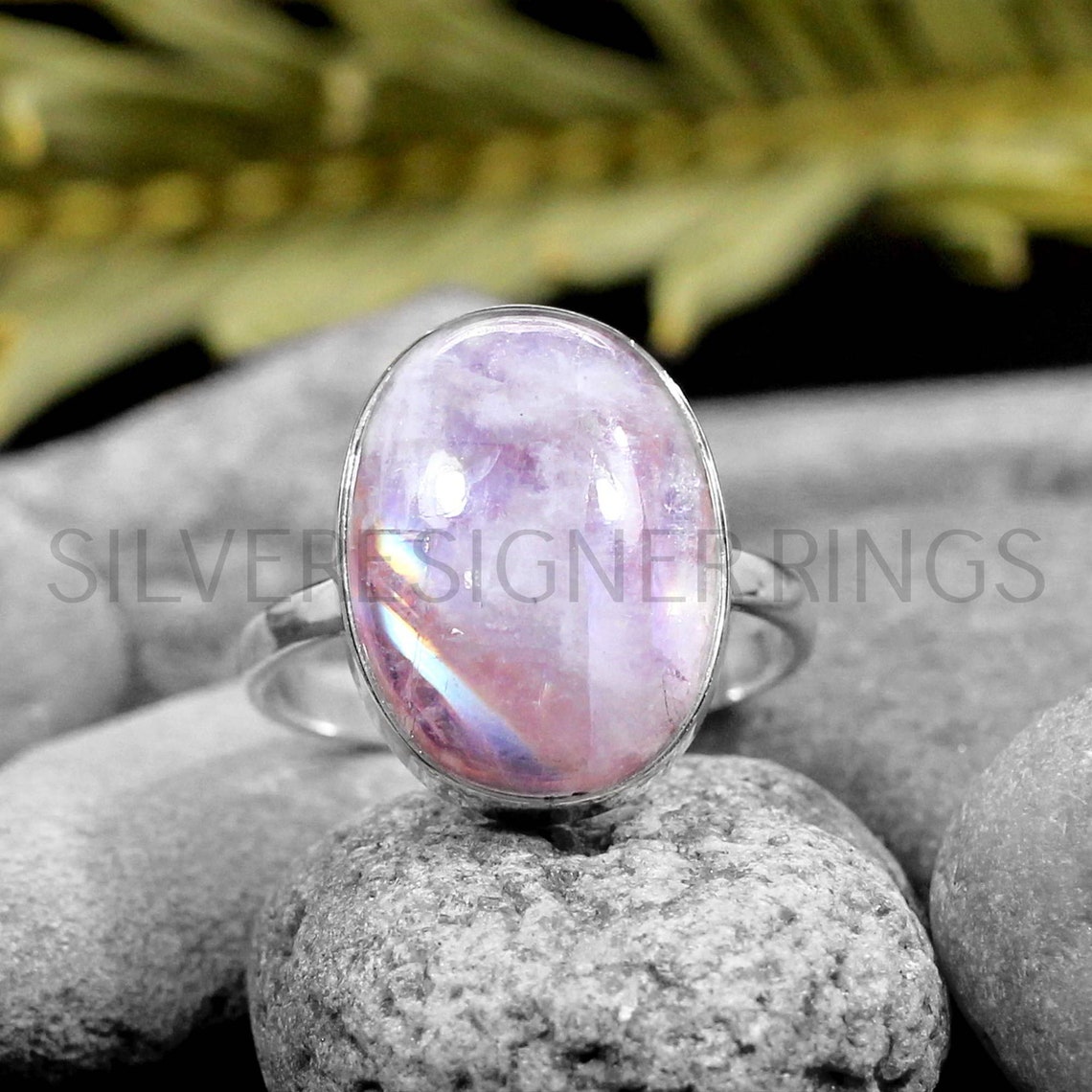 Pink Rainbow Moonstone Ring Sterling Silver Ring Flashy | Etsy