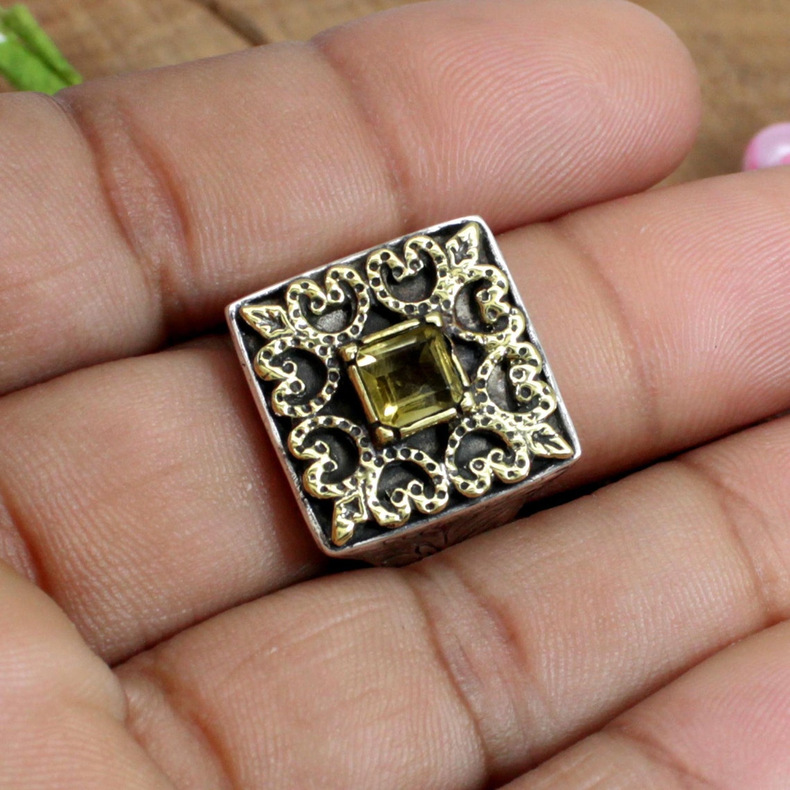 Silver Stone Ring Yellow Citrine Stone Ring Square Ring - Etsy