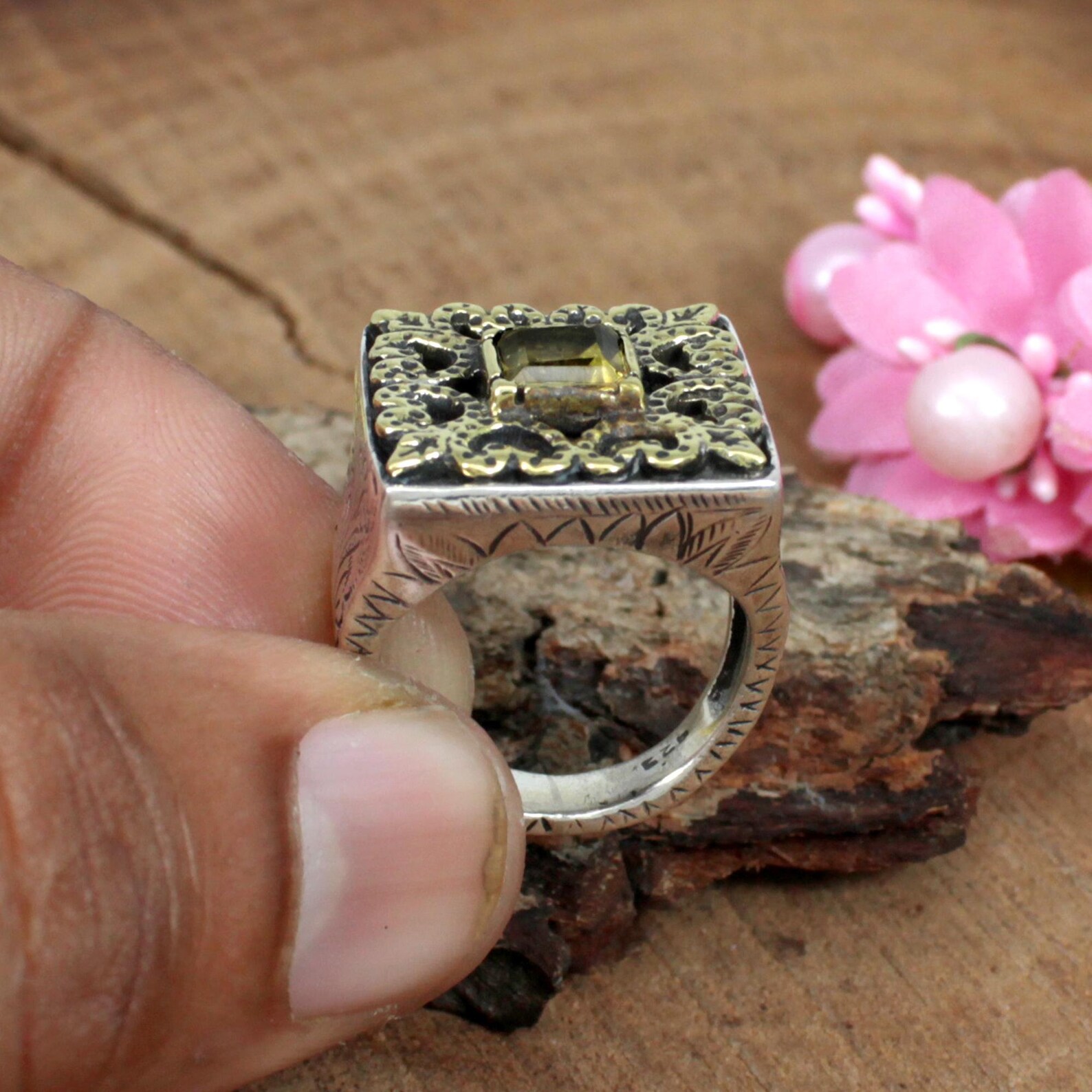 Silver Stone Ring Yellow Citrine Stone Ring Square Ring - Etsy