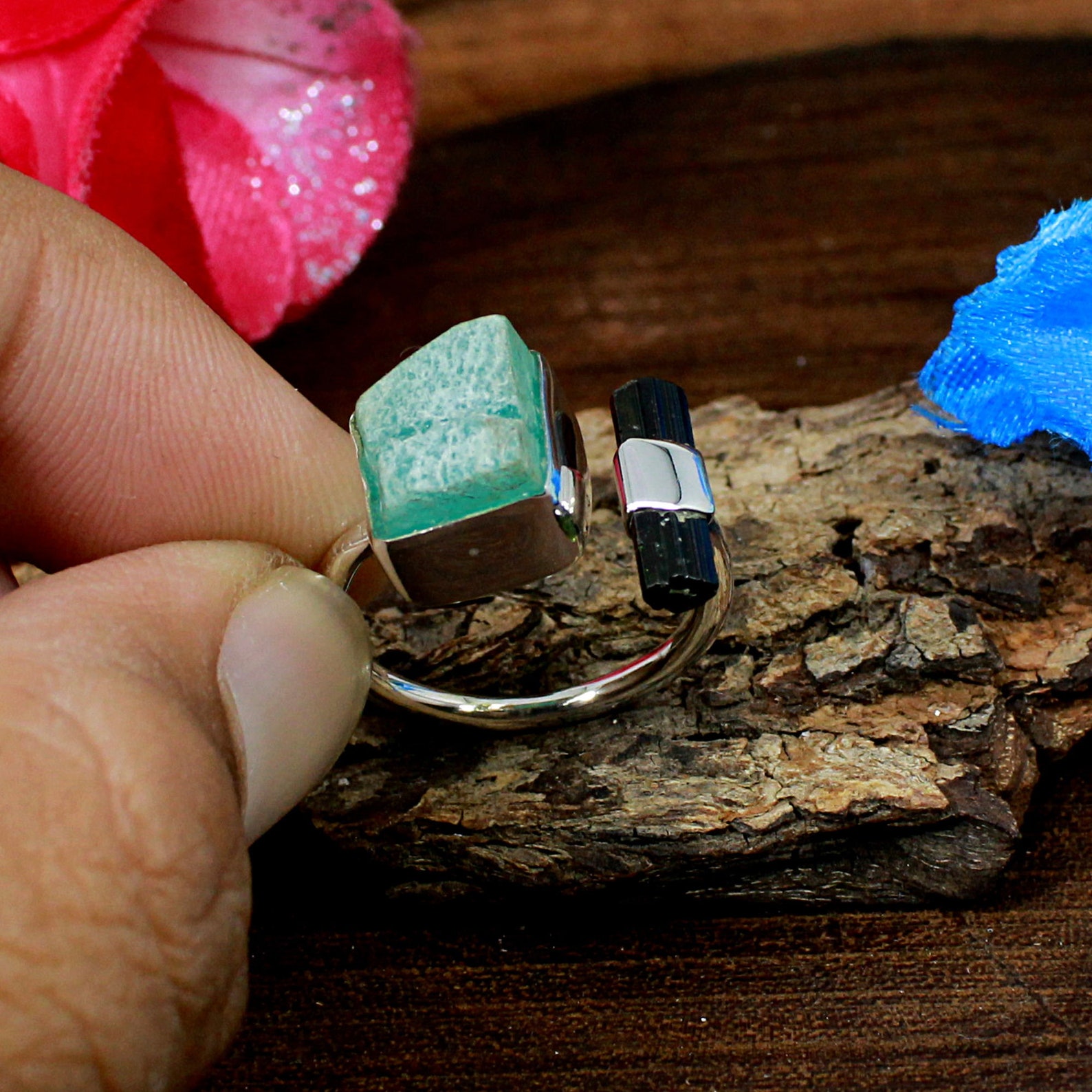 Amazonite Ring-green Tourmaline Ring-natural Amazonite-gemstone Ring ...