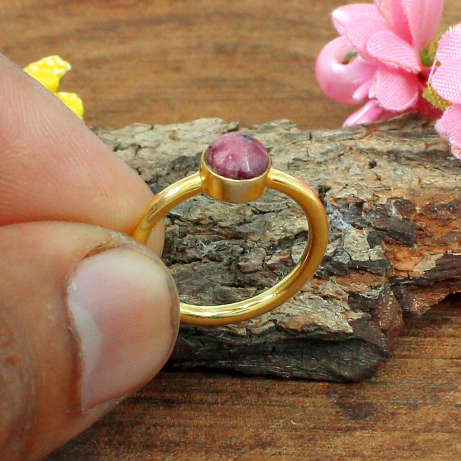 Statement Rhodonite Ring Silver Stacking Ring Pink Stone - Etsy