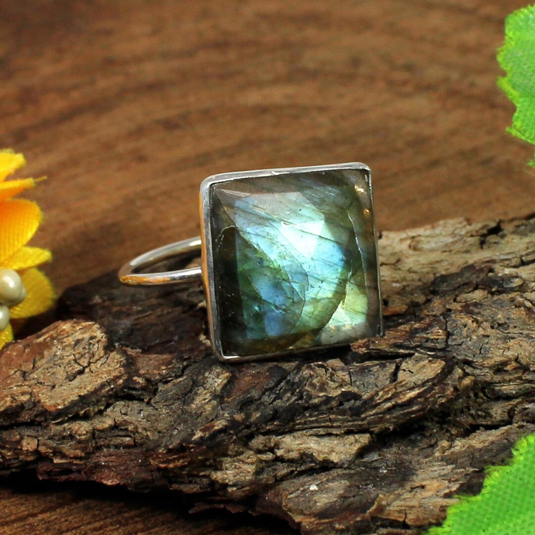 Rainbow Labradorite Ring: Square Gemstone, Sterling Silver, Handmade - Etsy