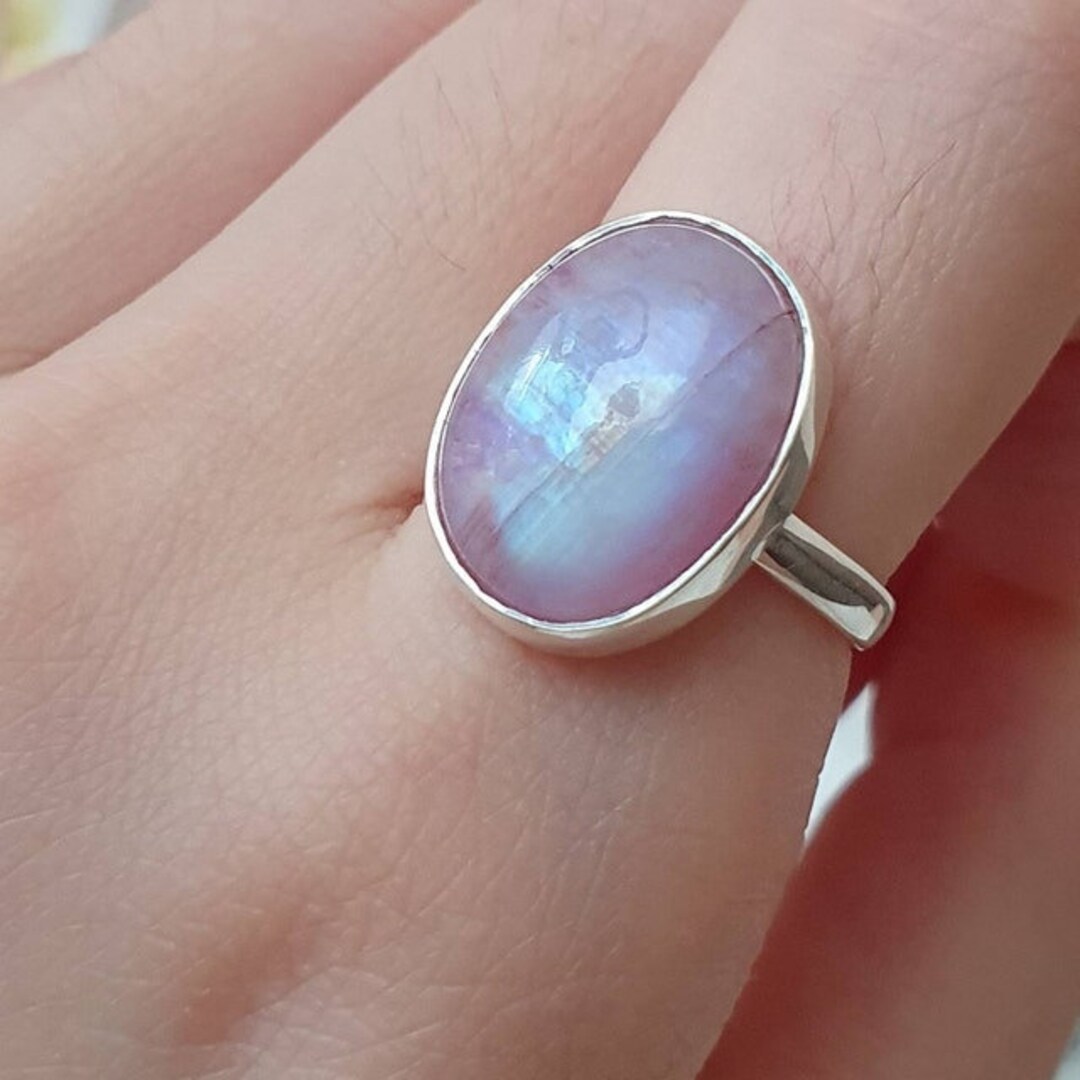 Pink Rainbow Moonstone Ring - Sterling Silver Ring - Flashy Moonstone ...