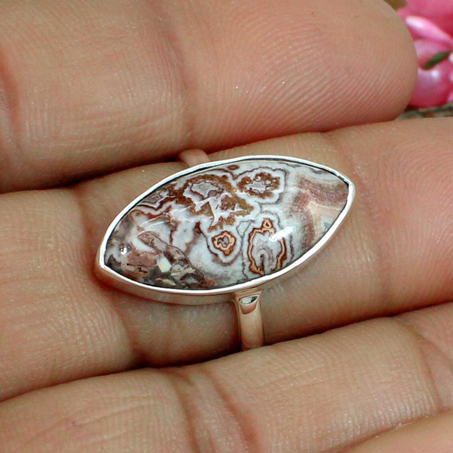 Crazy Lace Agate Ring Sterling Silver Ring Marquise | Etsy