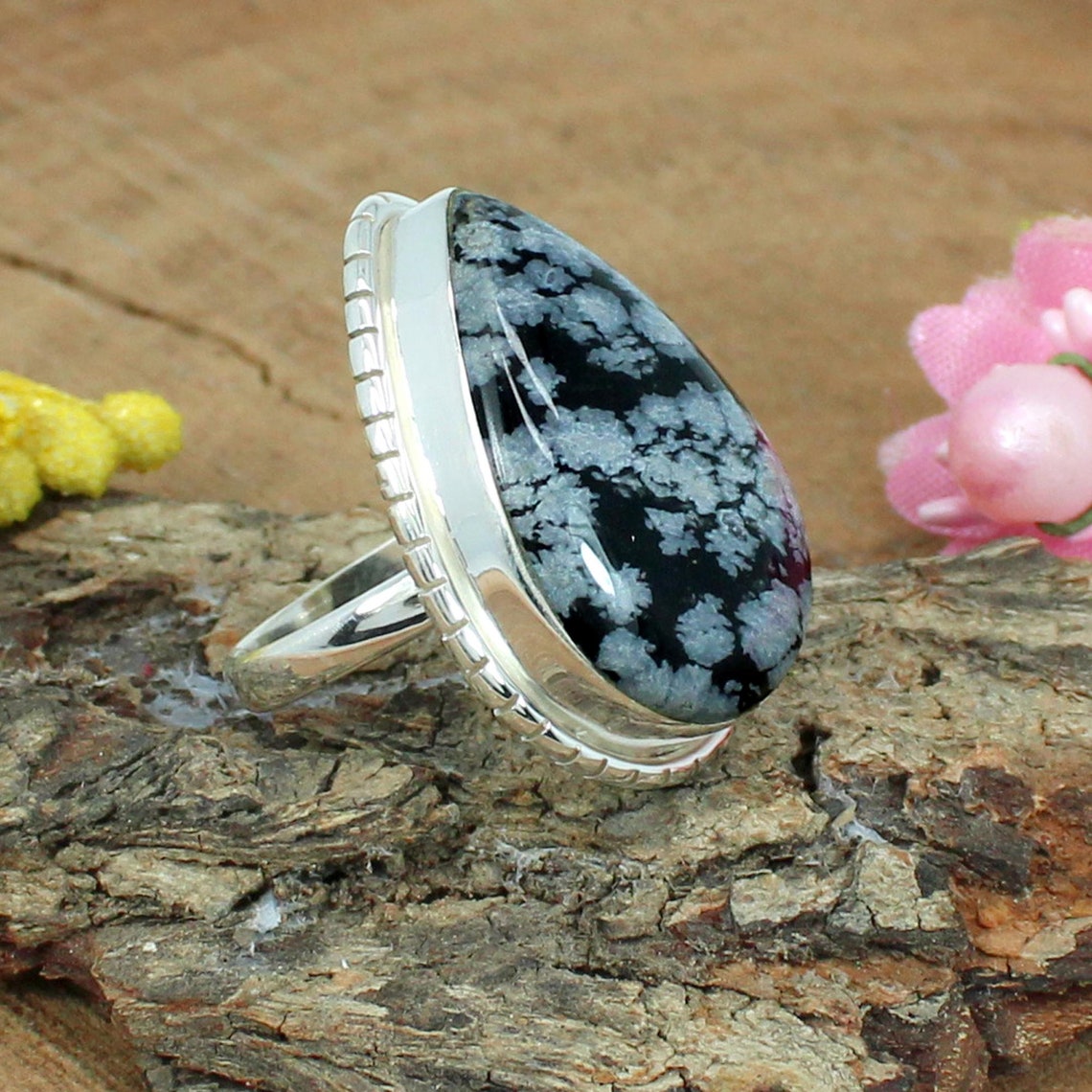 Natural Snowflake Obsidian Gemstone Pear Ringobsidian Silver - Etsy