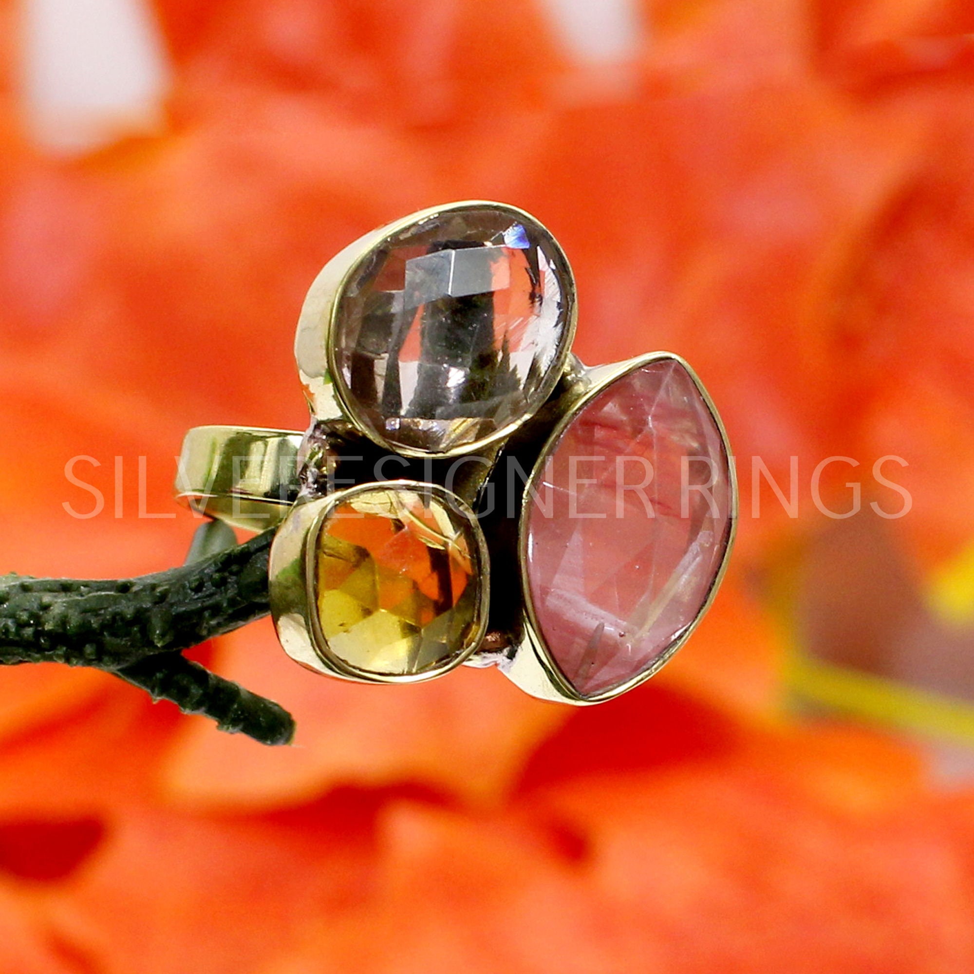Three Stone Ring Cherry Cracke Glass Citrine Ring | Etsy
