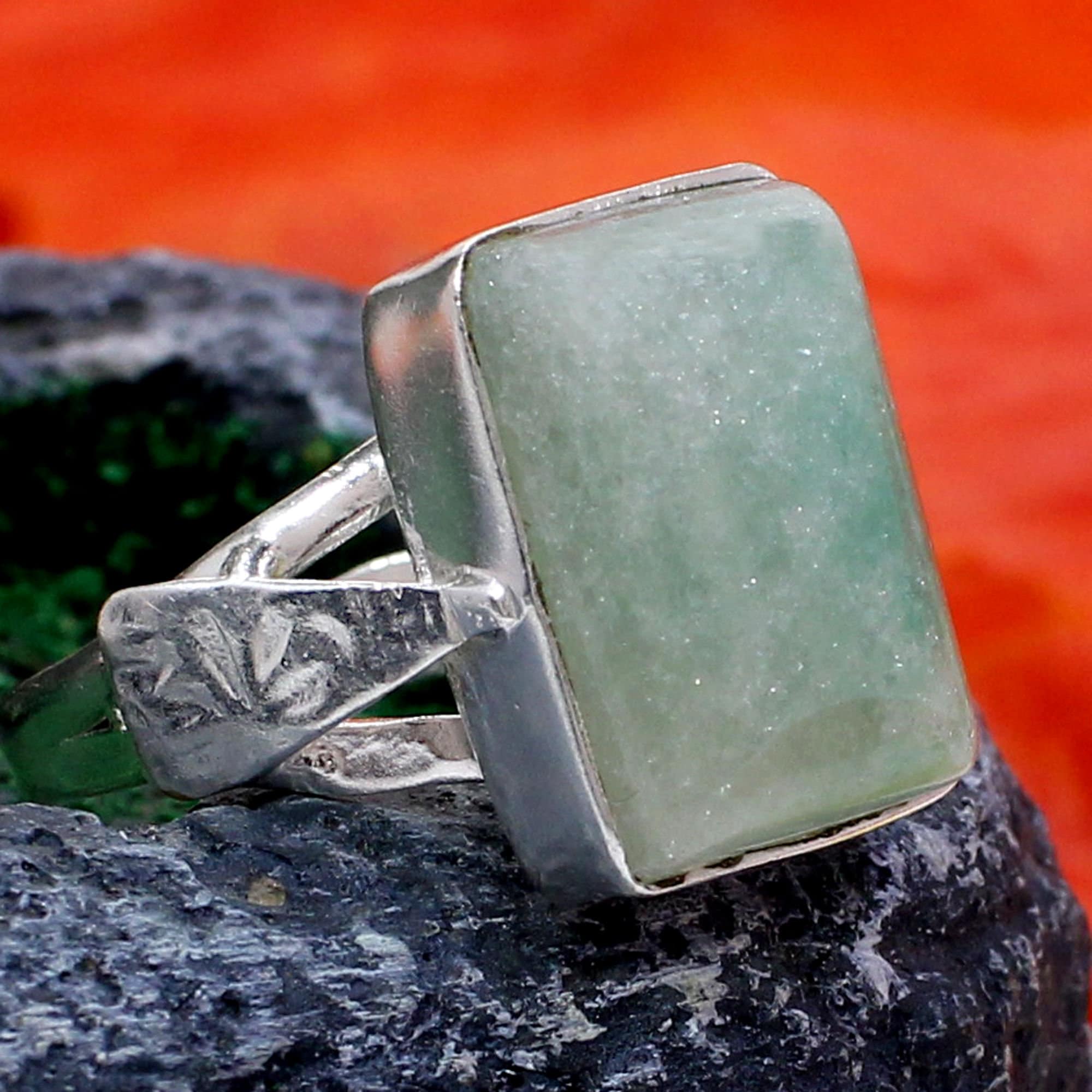 Rectangle Green Aventurine Ring 925 Sterling Silver Bold | Etsy