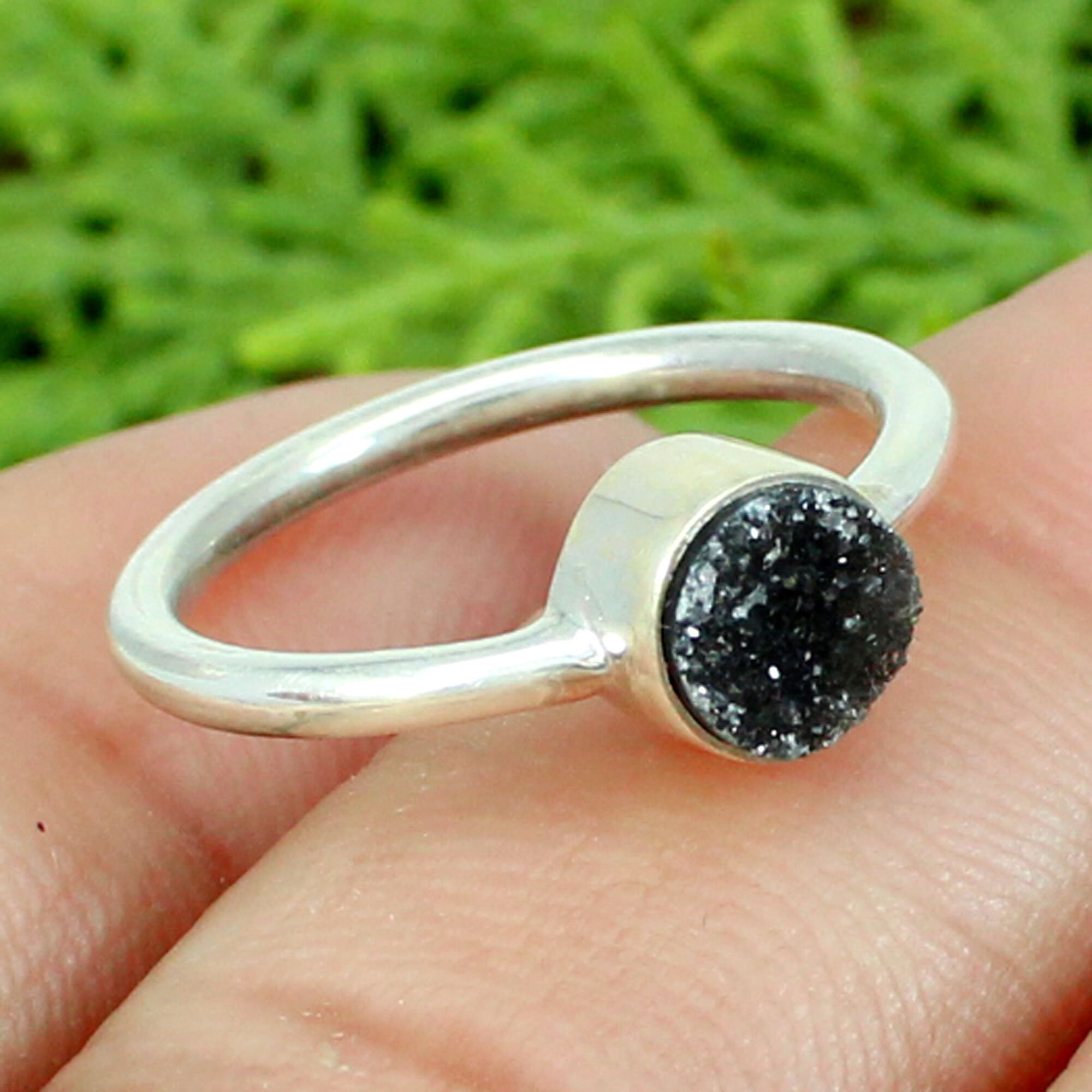 Round Black Druzy Ring Handmade 925 Sterling Silver Ring | Etsy