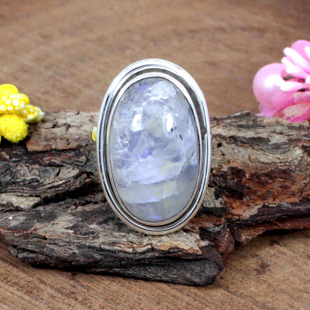 Natural Rainbow Moonstone Gemstone Ring, Oval Moonstone, 925 Sterling ...