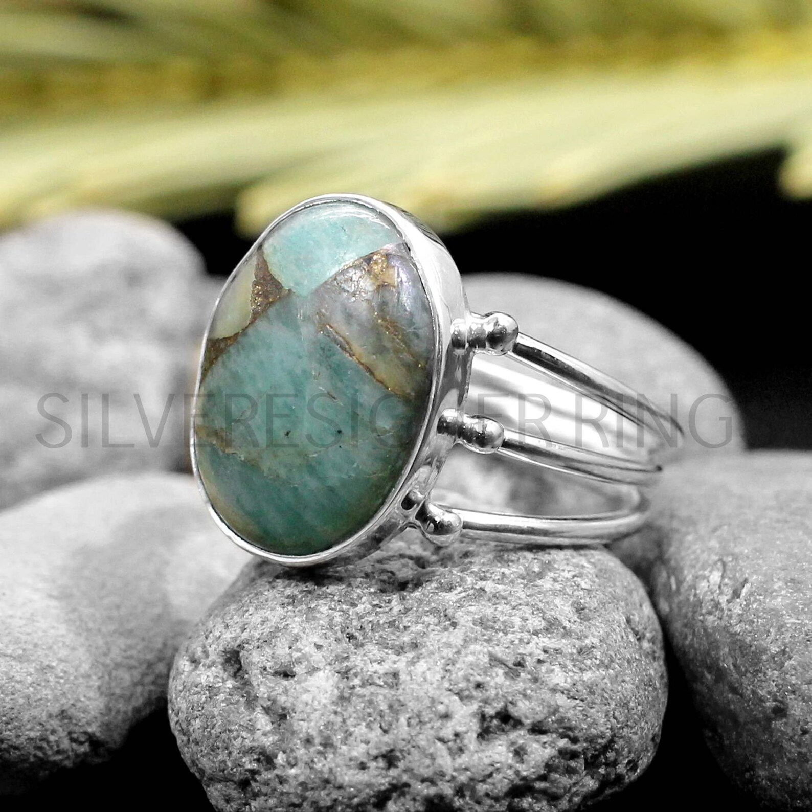 Oval Mohave Copper Amazonite Ring Triple Band Ring 925 | Etsy