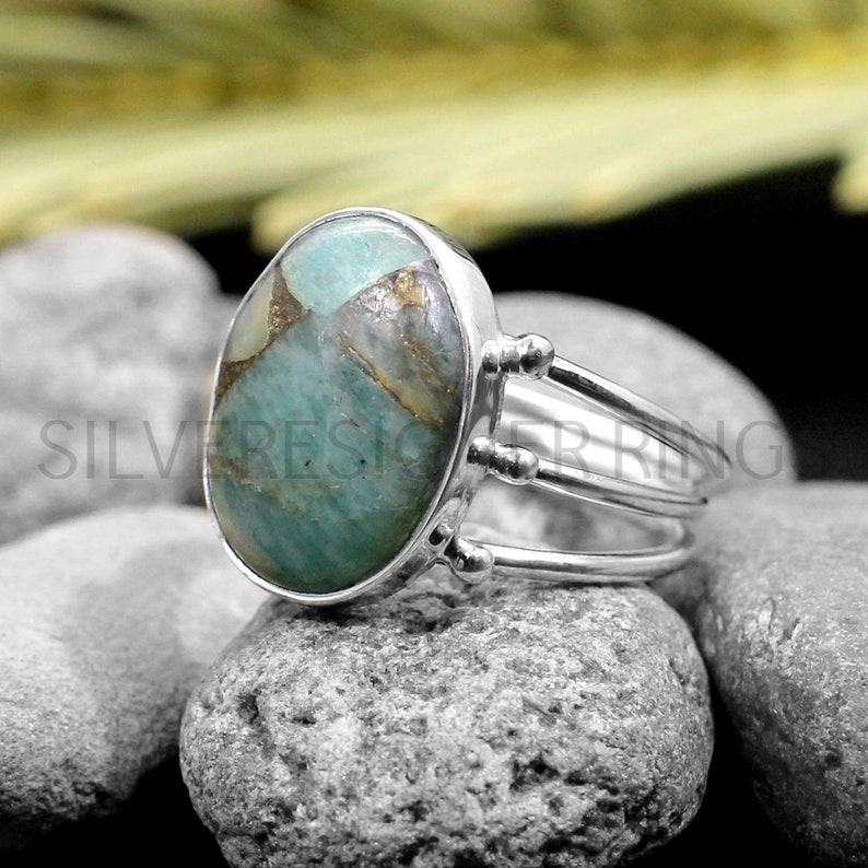Oval Mohave Copper Amazonite Ring Triple Band Ring 925 | Etsy