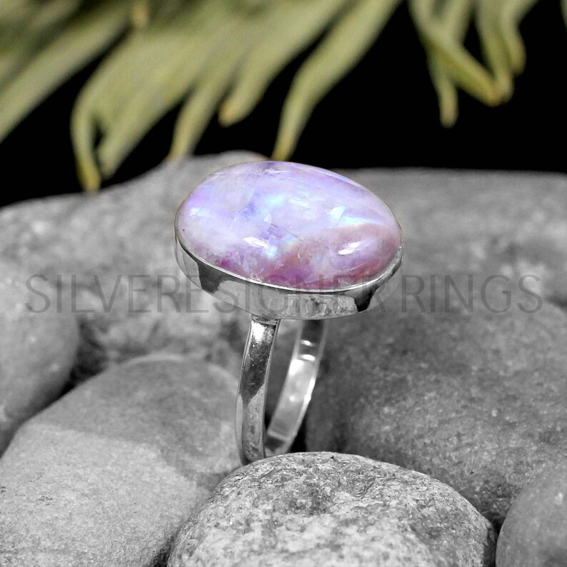 Pink Rainbow Moonstone Ring Sterling Silver Ring Flashy | Etsy