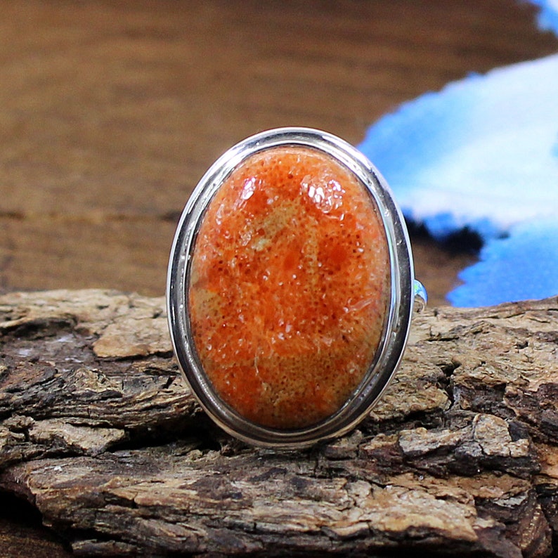 Oval Natural Orange Sponge Coral Ring 925 Sterling Silver - Etsy
