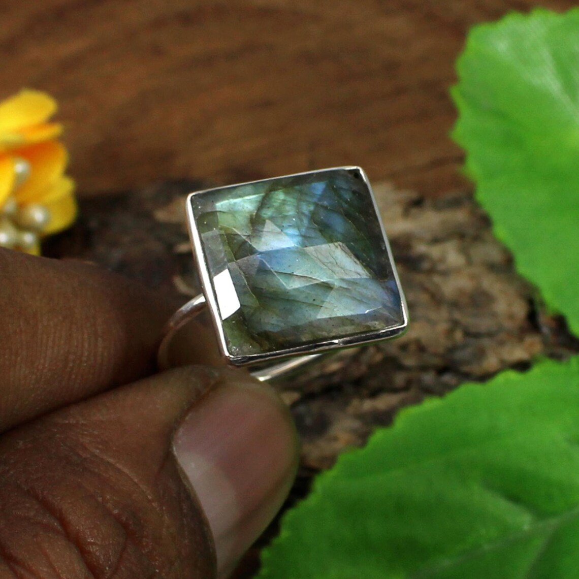 Rainbow Labradorite Ring: Square Gemstone, Sterling Silver, Handmade - Etsy