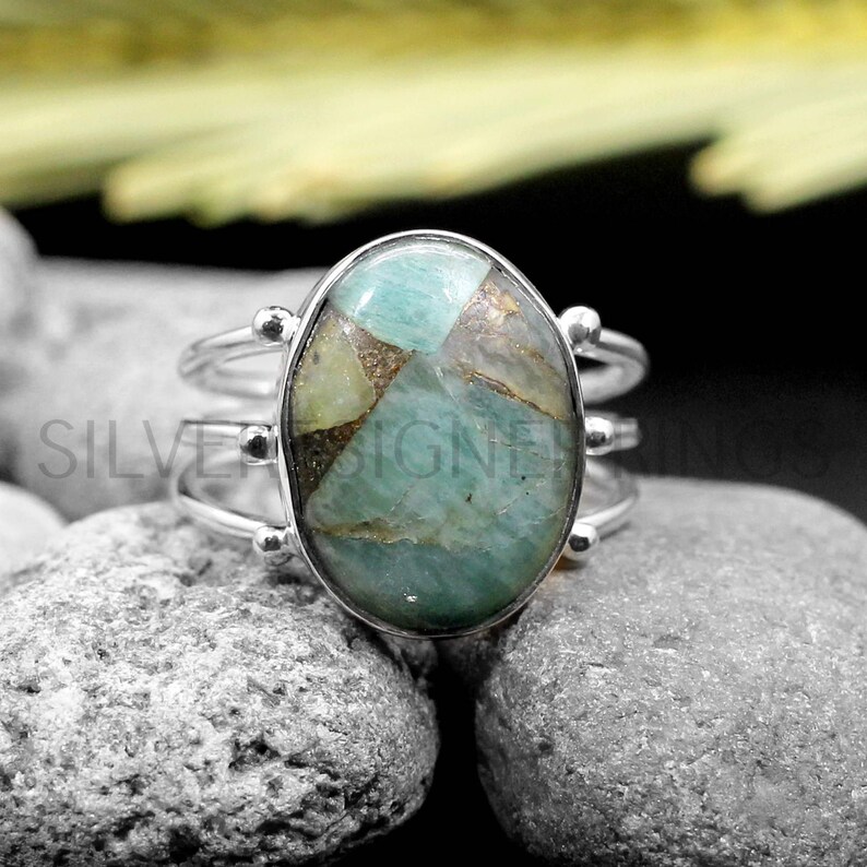 Oval Mohave Copper Amazonite Ring Triple Band Ring 925 | Etsy