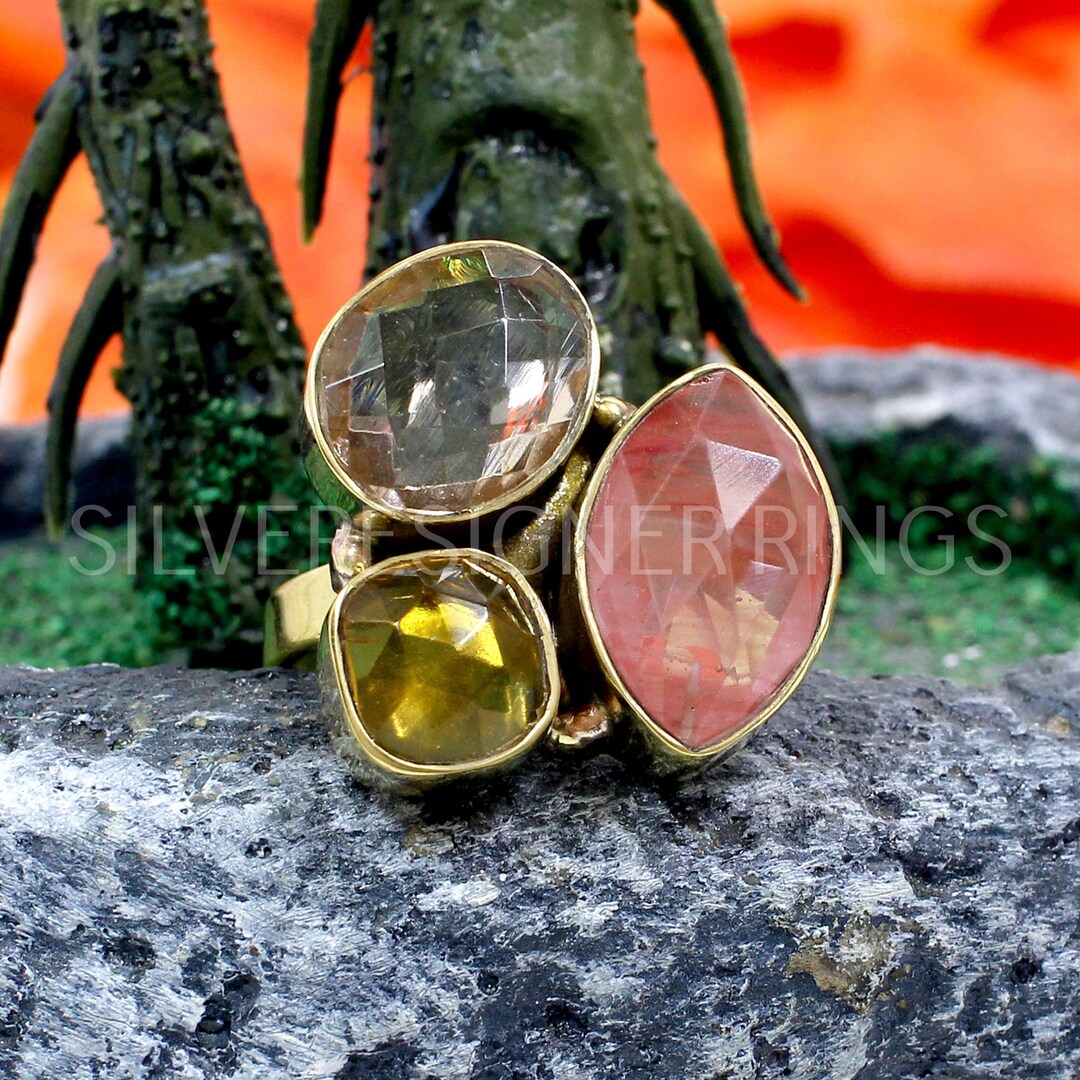 Three Stone Ring Cherry Cracke Glass Citrine Ring Champagne Ring Gold ...