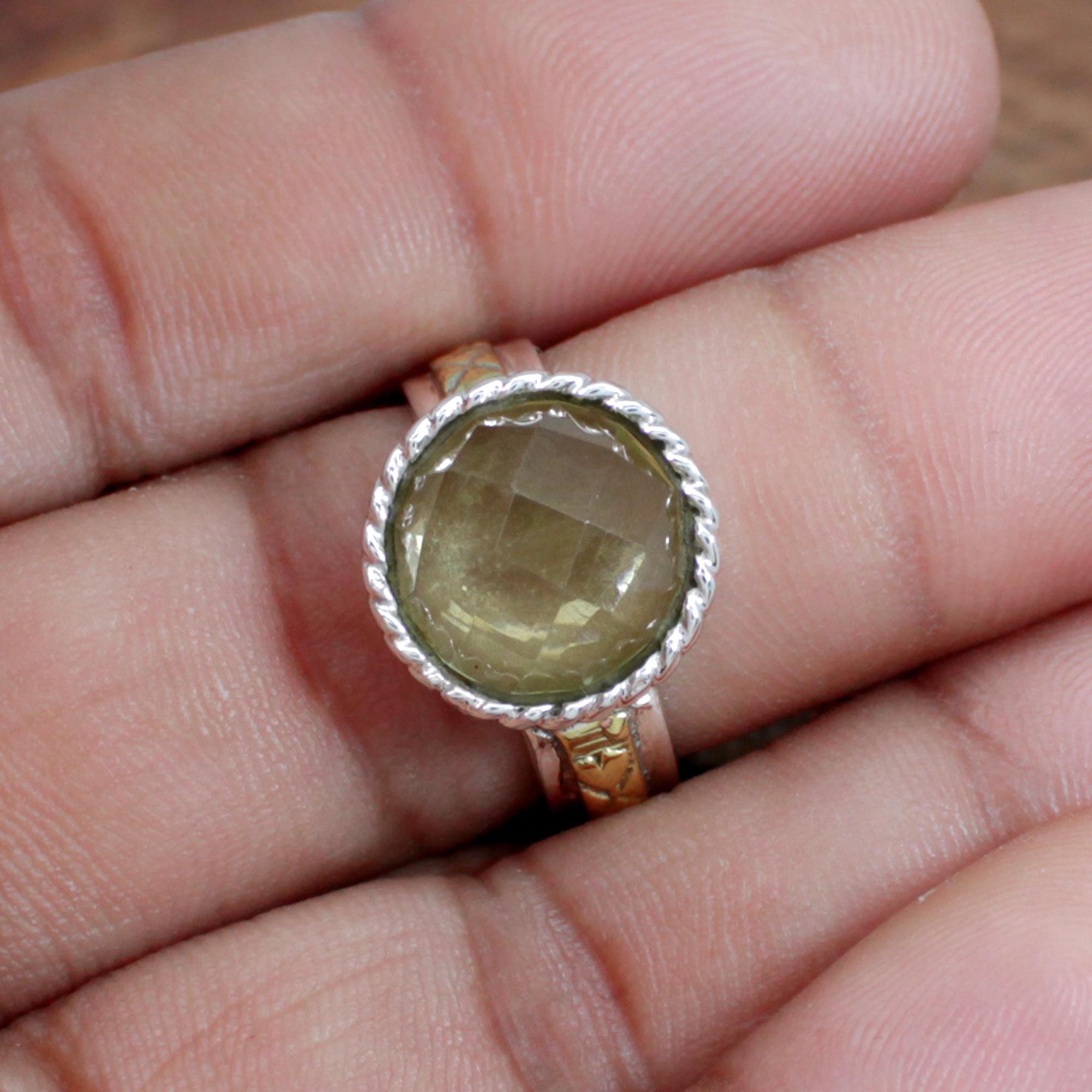 Lemon Quartz Ring Round Stone Two Tone Yellow Stone Boho | Etsy
