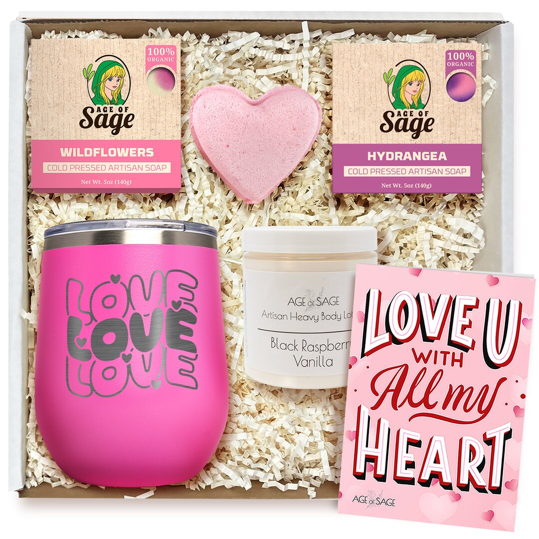 LOVE Box Spa Gift Set for Women Lotion, Soap, Bath Bomb, Pink Tumbler ...
