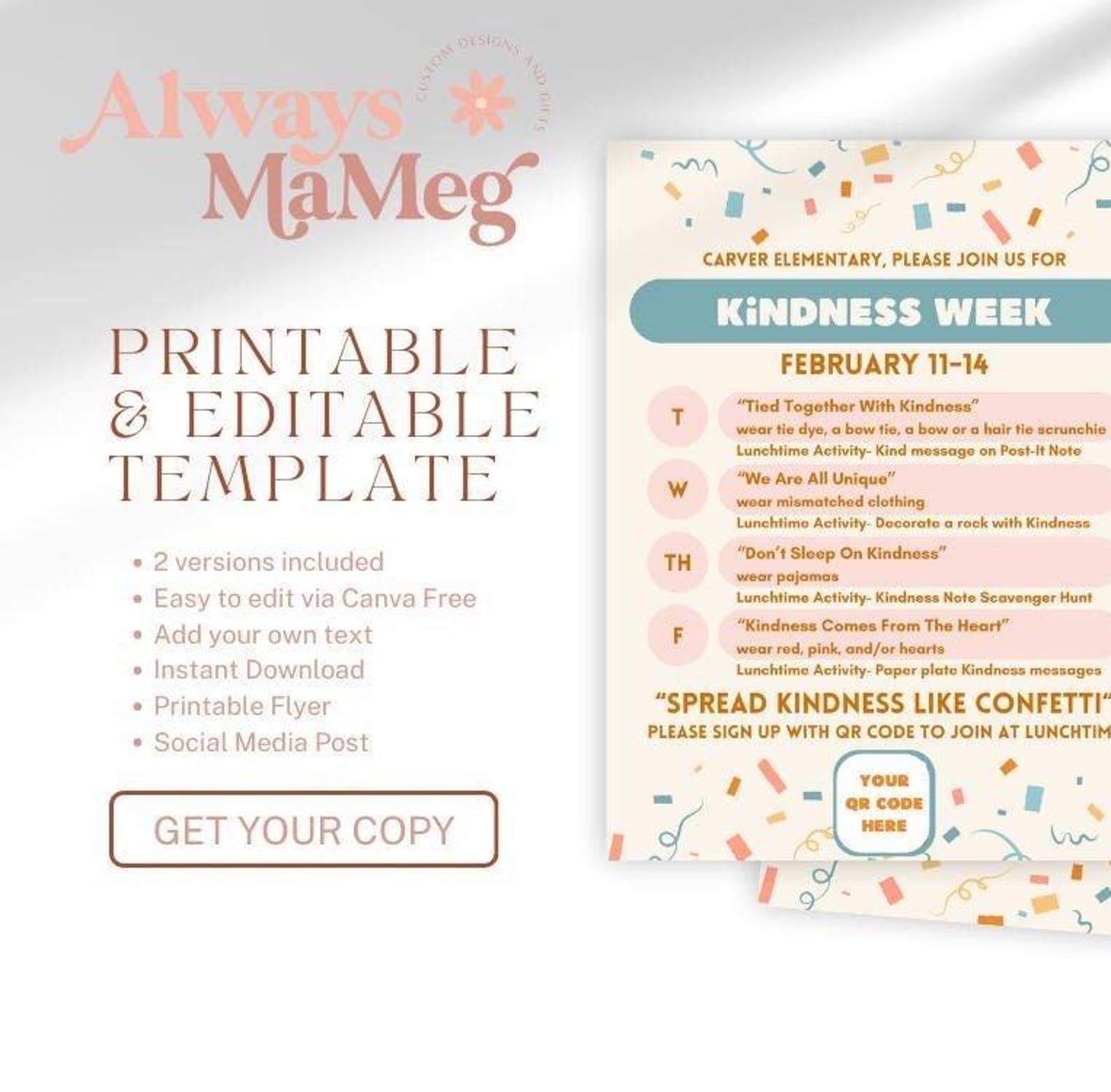 Editable Kindness & Inclusion Spirit Week Schedule | Printable PTO/PTA ...