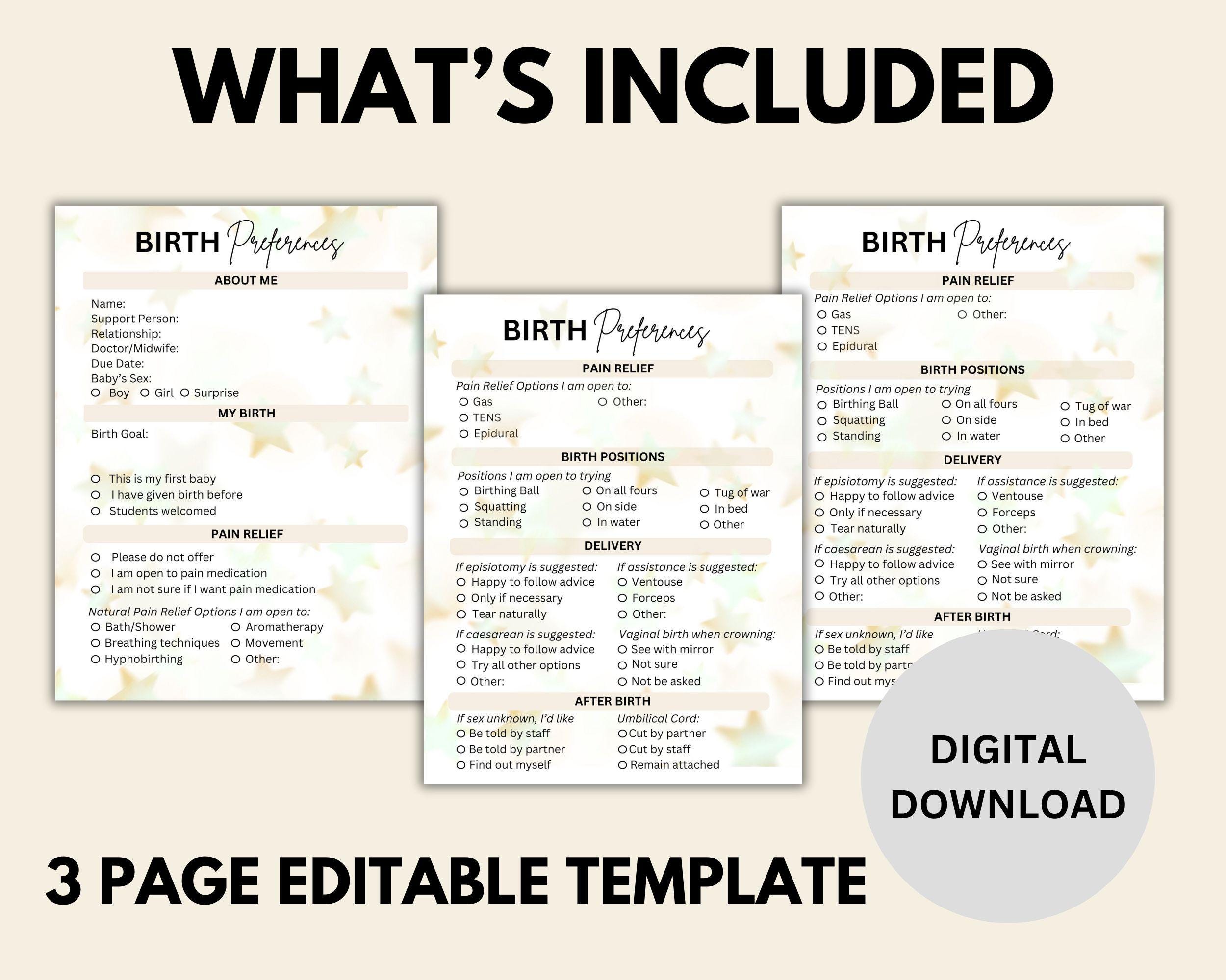 Birth Preference Template, Birth Plan, Birthing Preferences, Birth ...