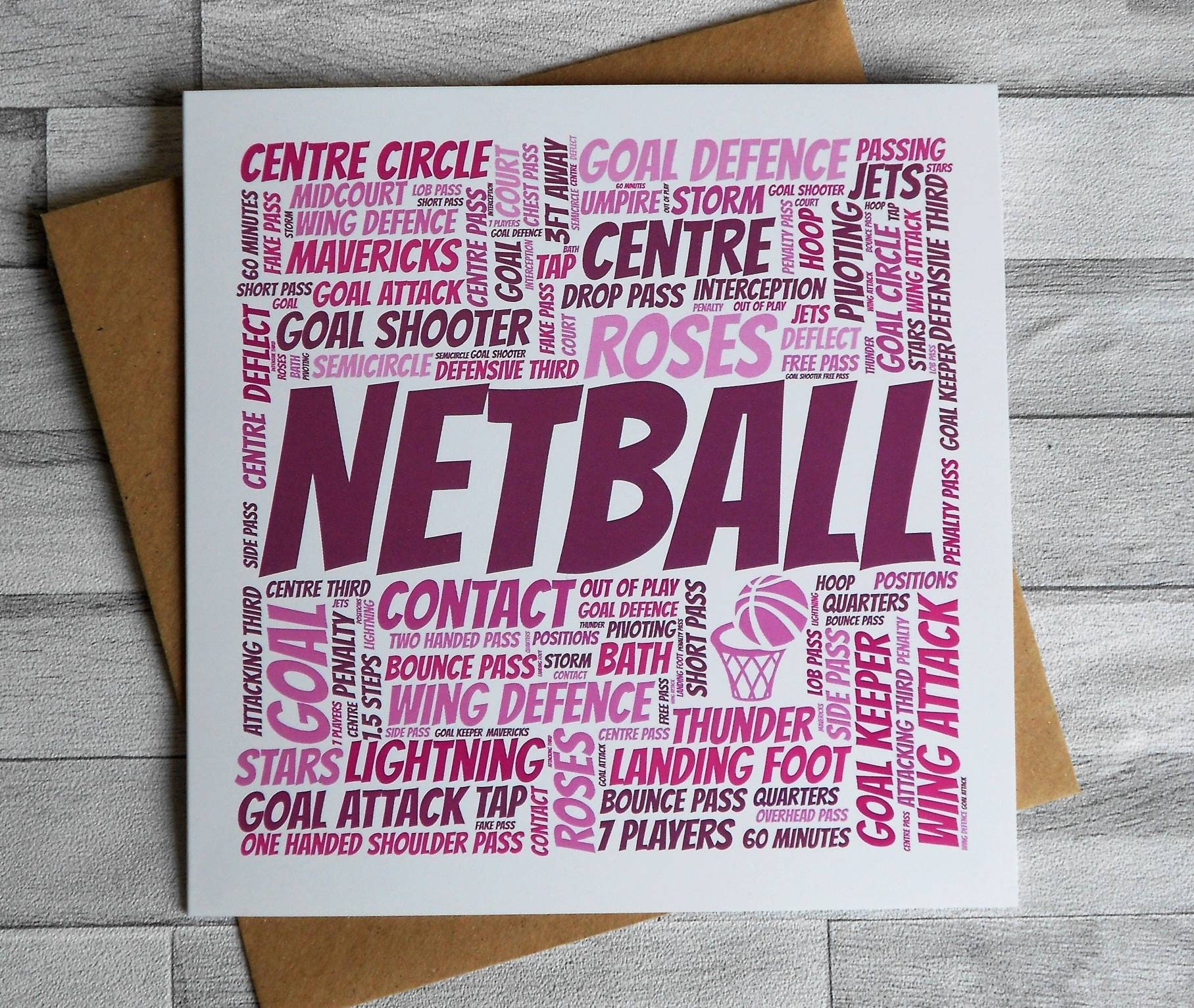 NETBALL Themed Card Goal, Centre, Wing Attack, Goal Shooter, Team Sport ...