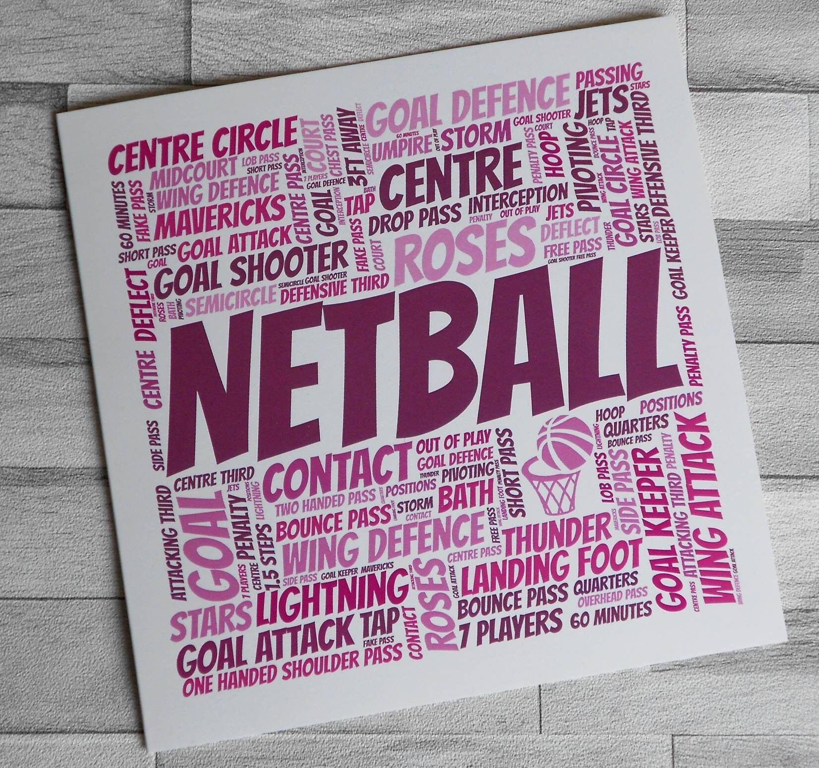 NETBALL Themed Card Goal, Centre, Wing Attack, Goal Shooter, Team Sport ...